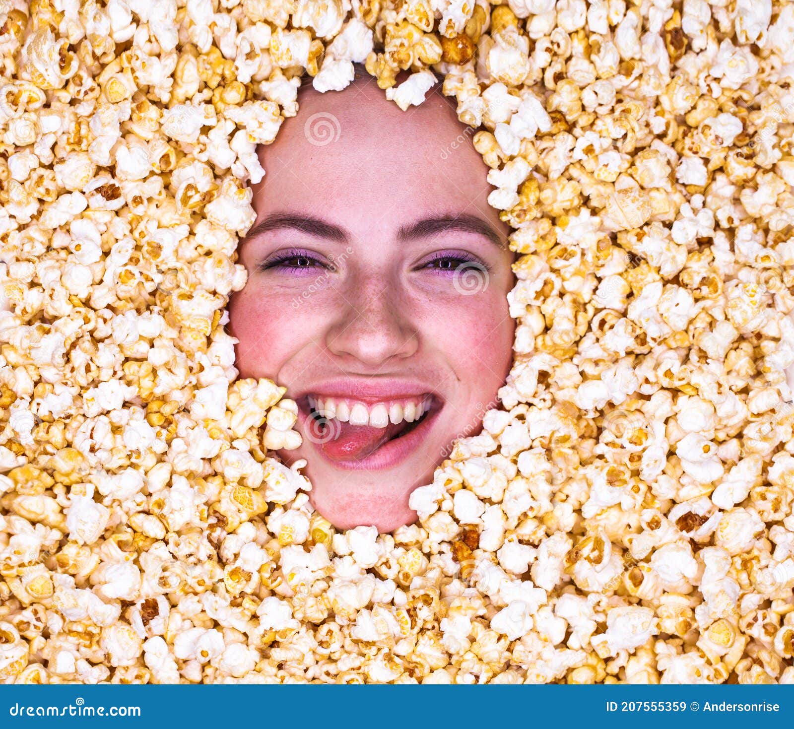 Happy Beautiful Female Face in Popcorn Stock Image - Image of holding ...