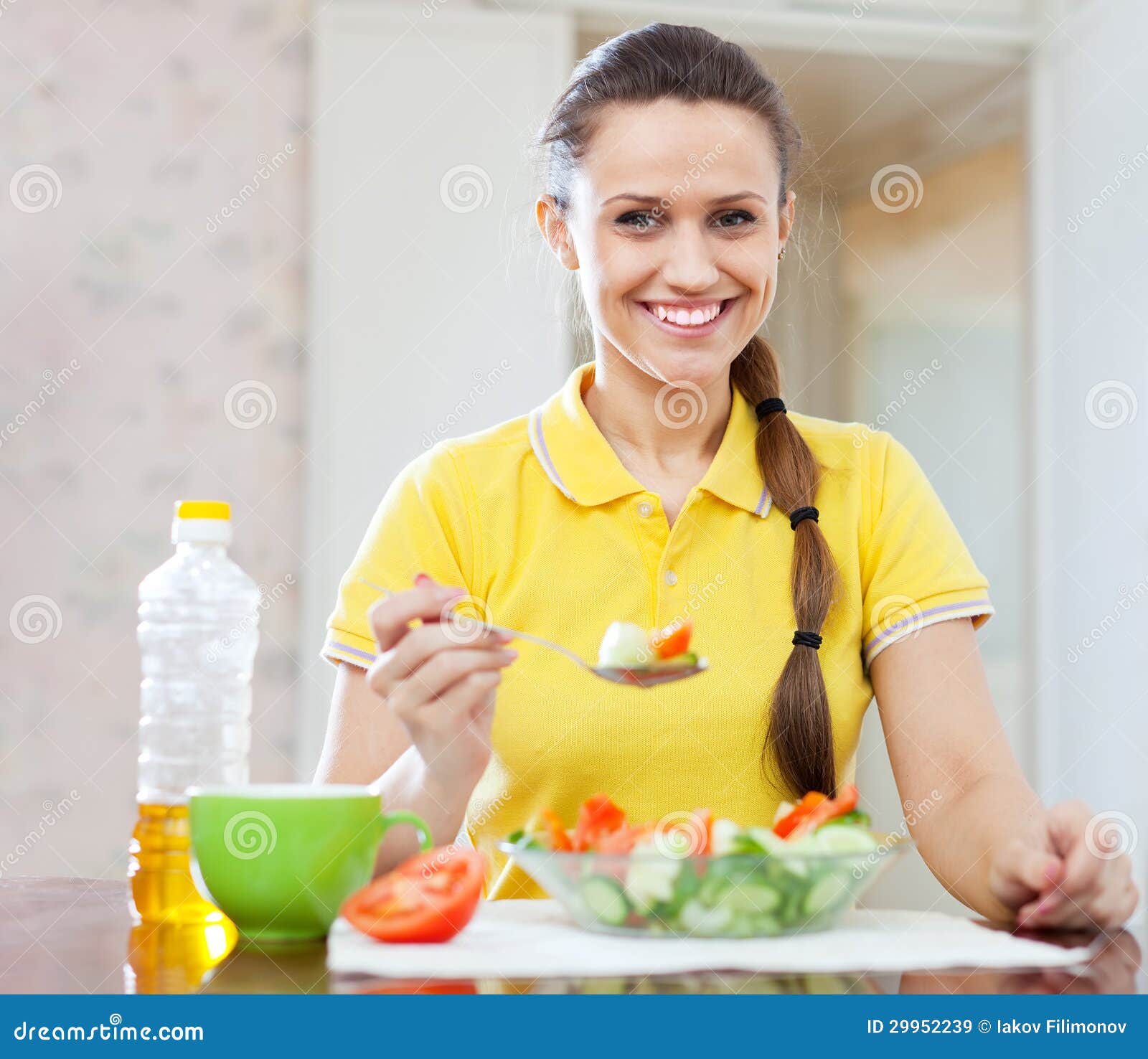 Happy Girl Eating Vegetarian Lunch Stock Image - Image of recipe ...