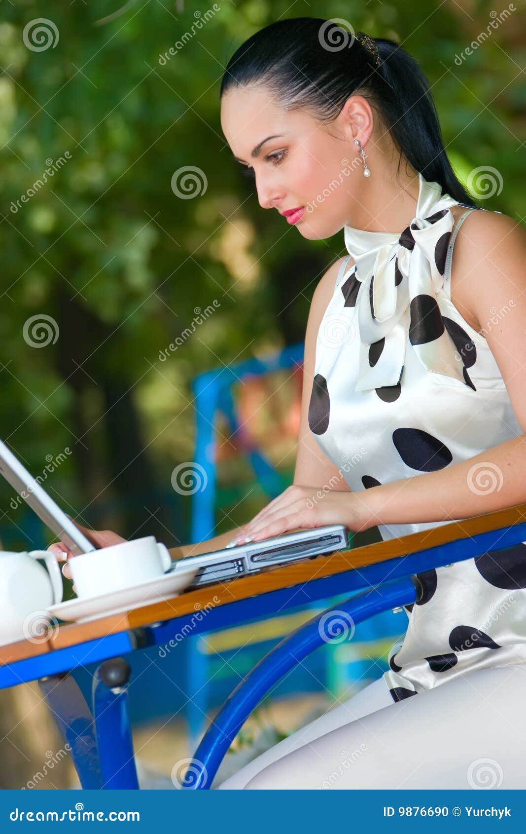 Happy Beautiful Mode in Cafe with Laptop Stock Photo - Image of girl ...