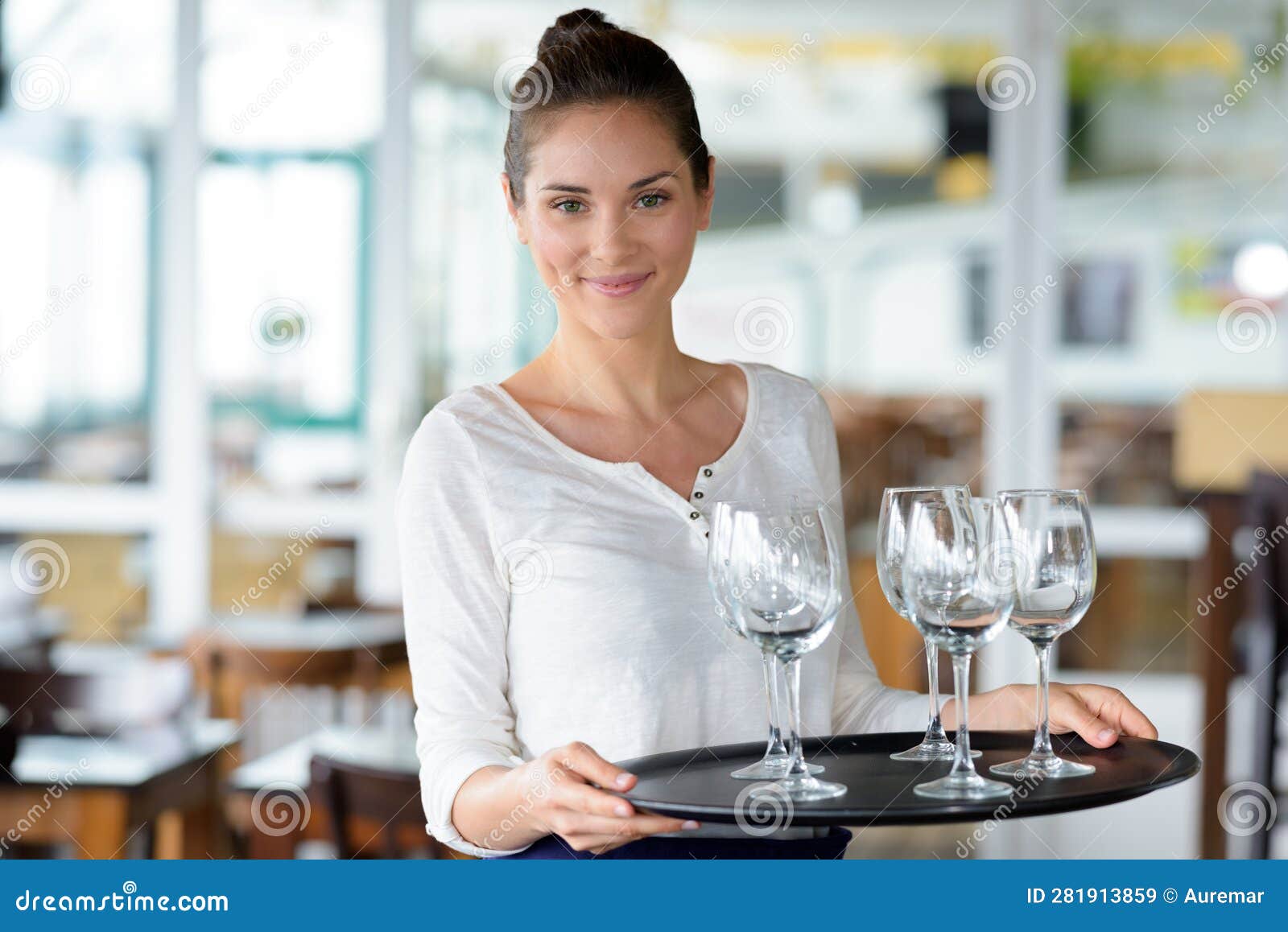 Happy Beautiful Waitress Holding Tray with Glasses Stock Image - Image ...