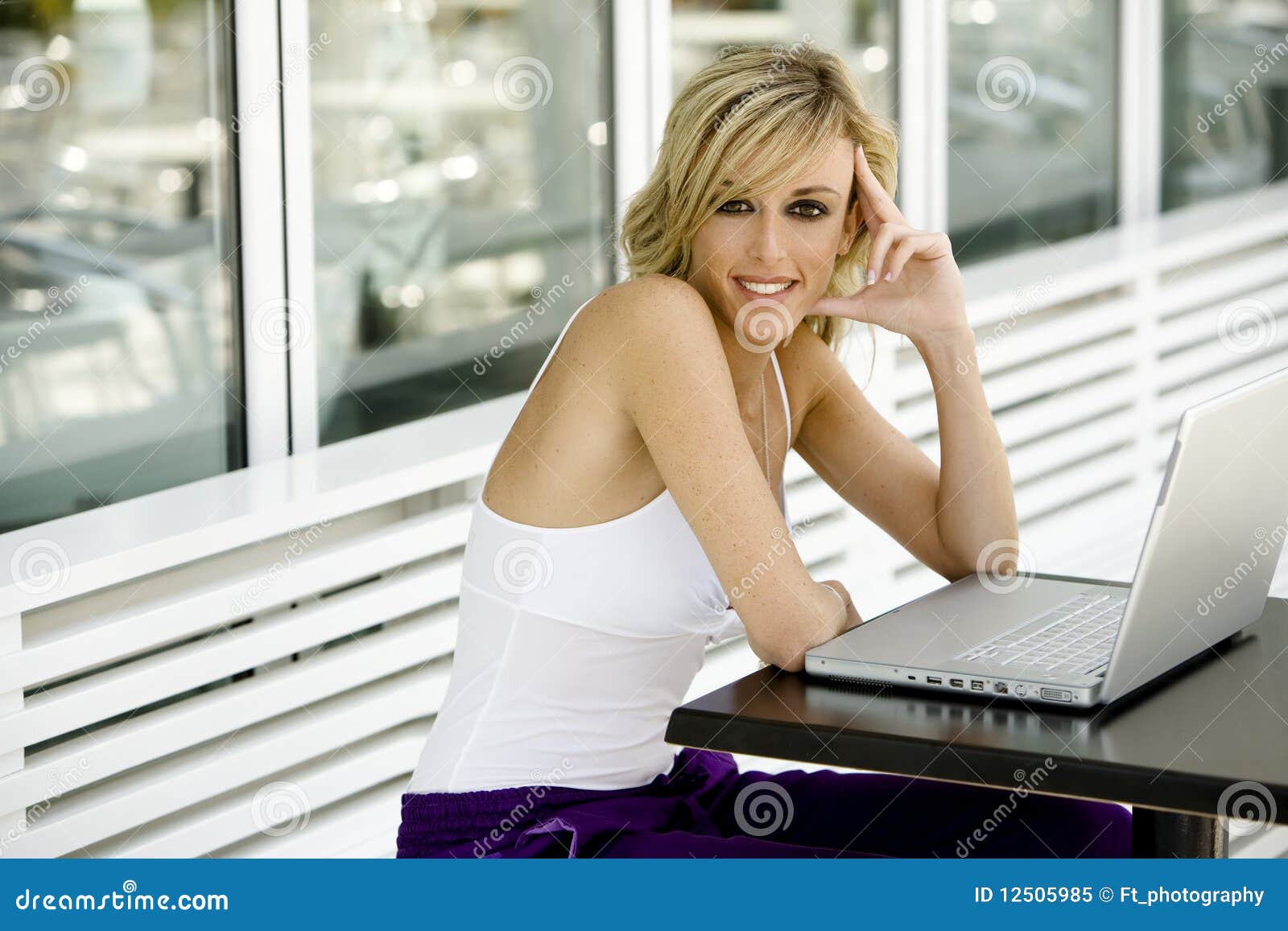 Happy Beautiful Woman with Laptop Computer Stock Image - Image of cafe ...