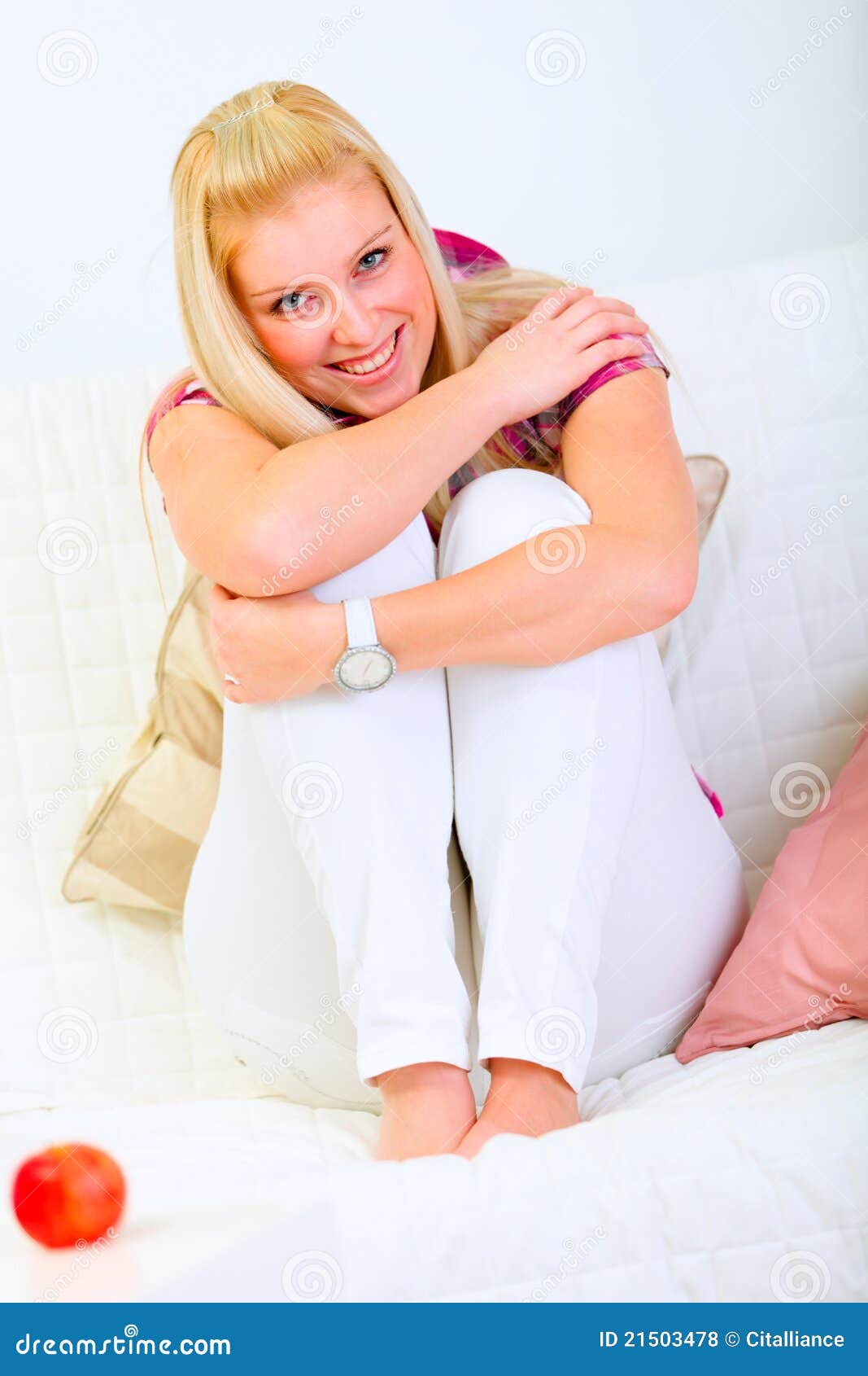 Happy Beautiful Woman Sitting on Divan Stock Photo - Image of glad ...