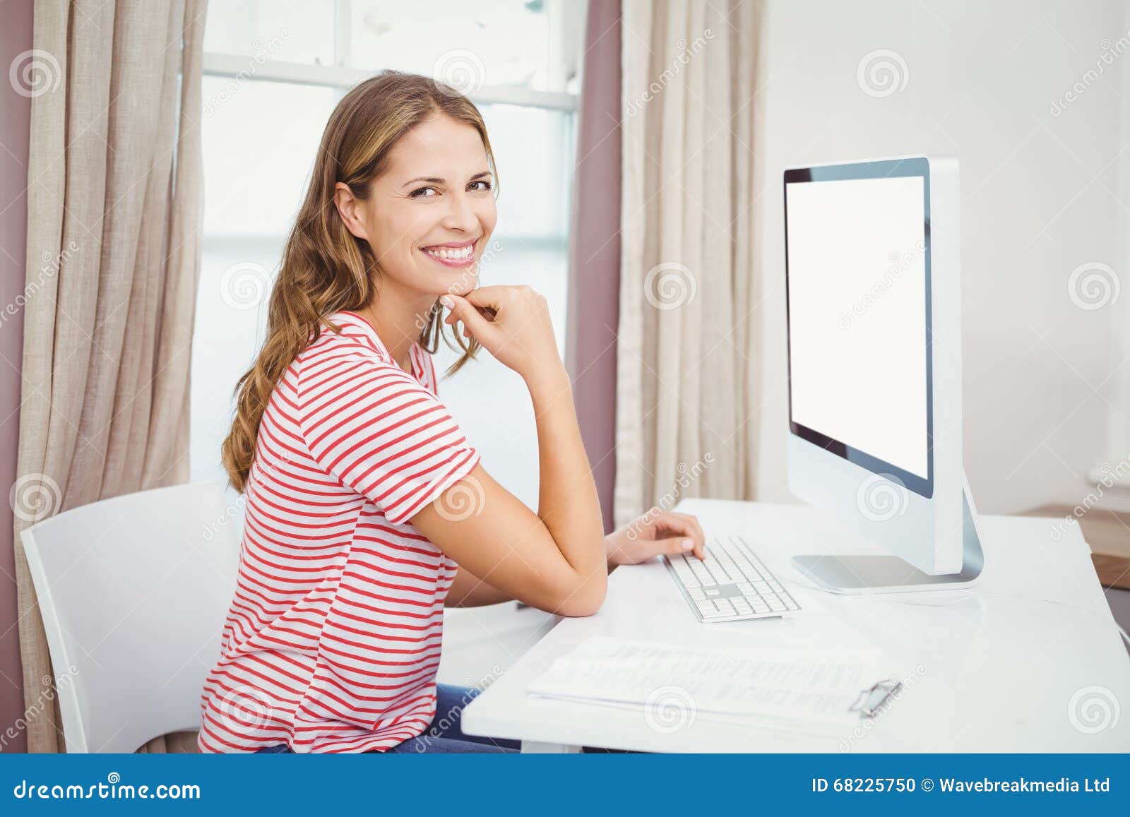 Happy Beautiful Woman Using Computer Stock Photo - Image of adult ...