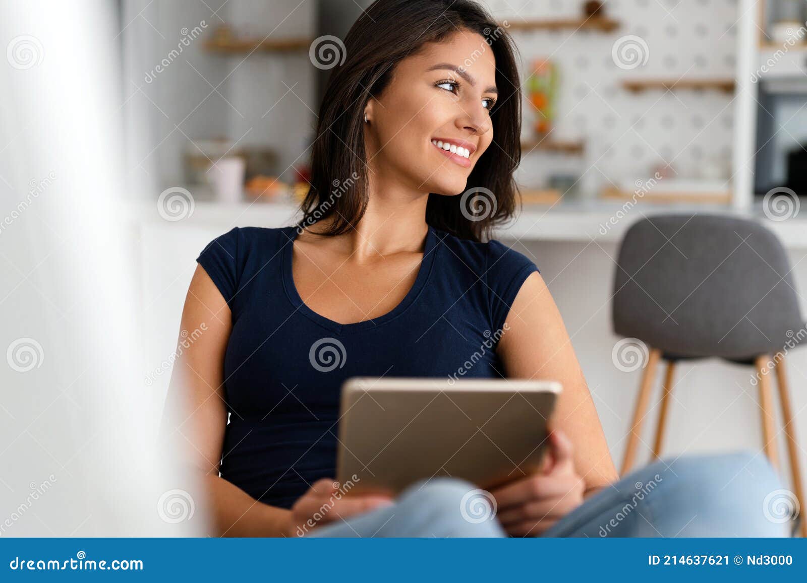 Happy Beautiful Woman Using, Working on Computer. Technology, People ...