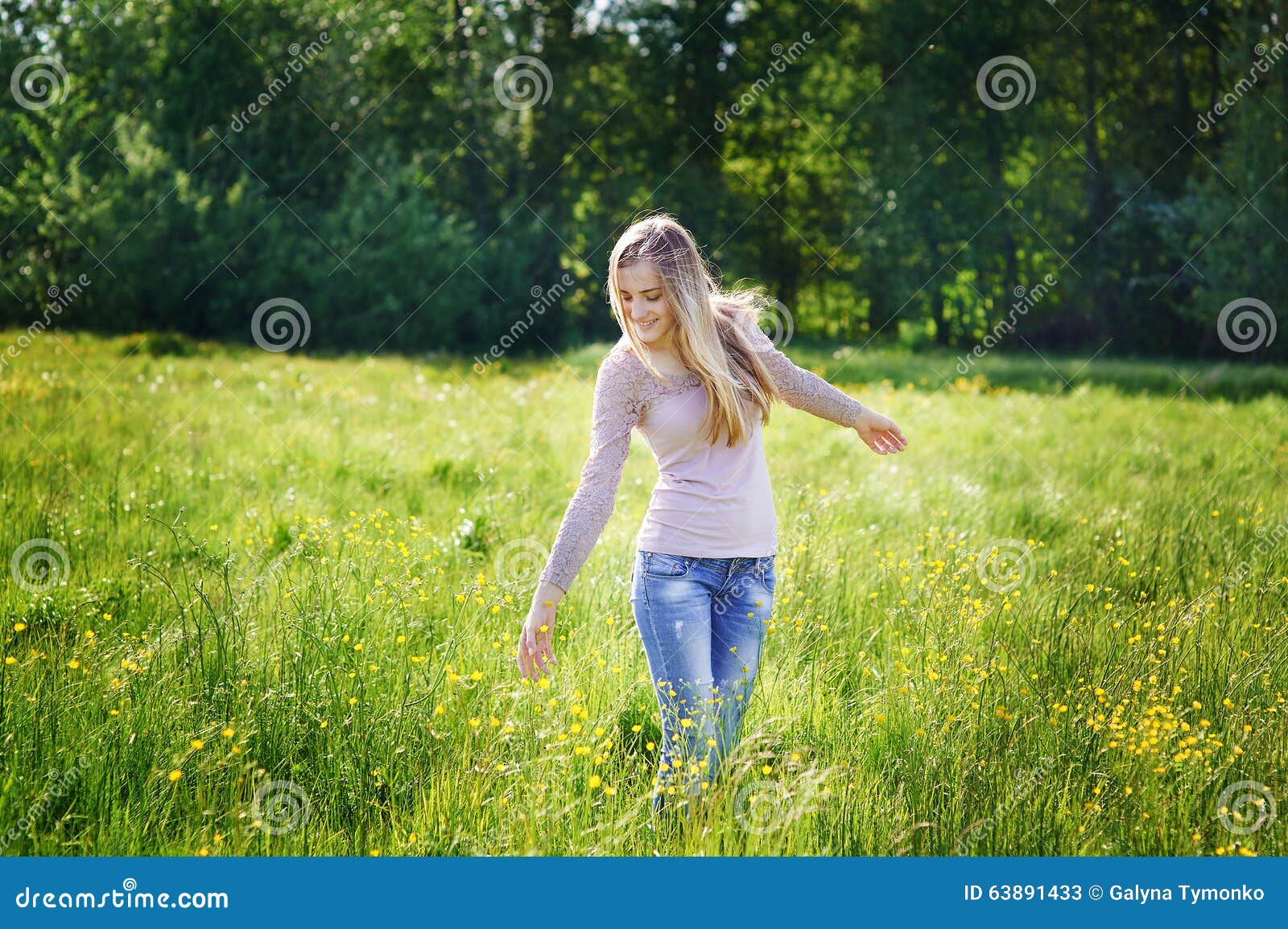 Happy Beautiful Woman Walking on a Spring Meadow Stock Image - Image of ...