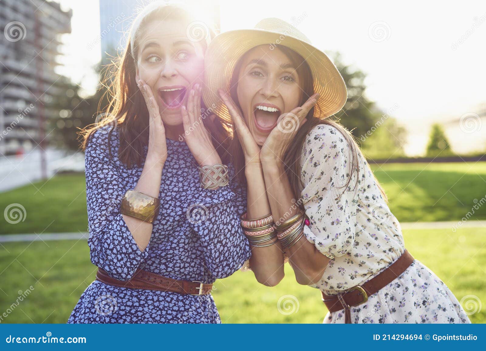 Two Happy Beautiful Women Gesturing in the Sunlight Stock Photo - Image ...
