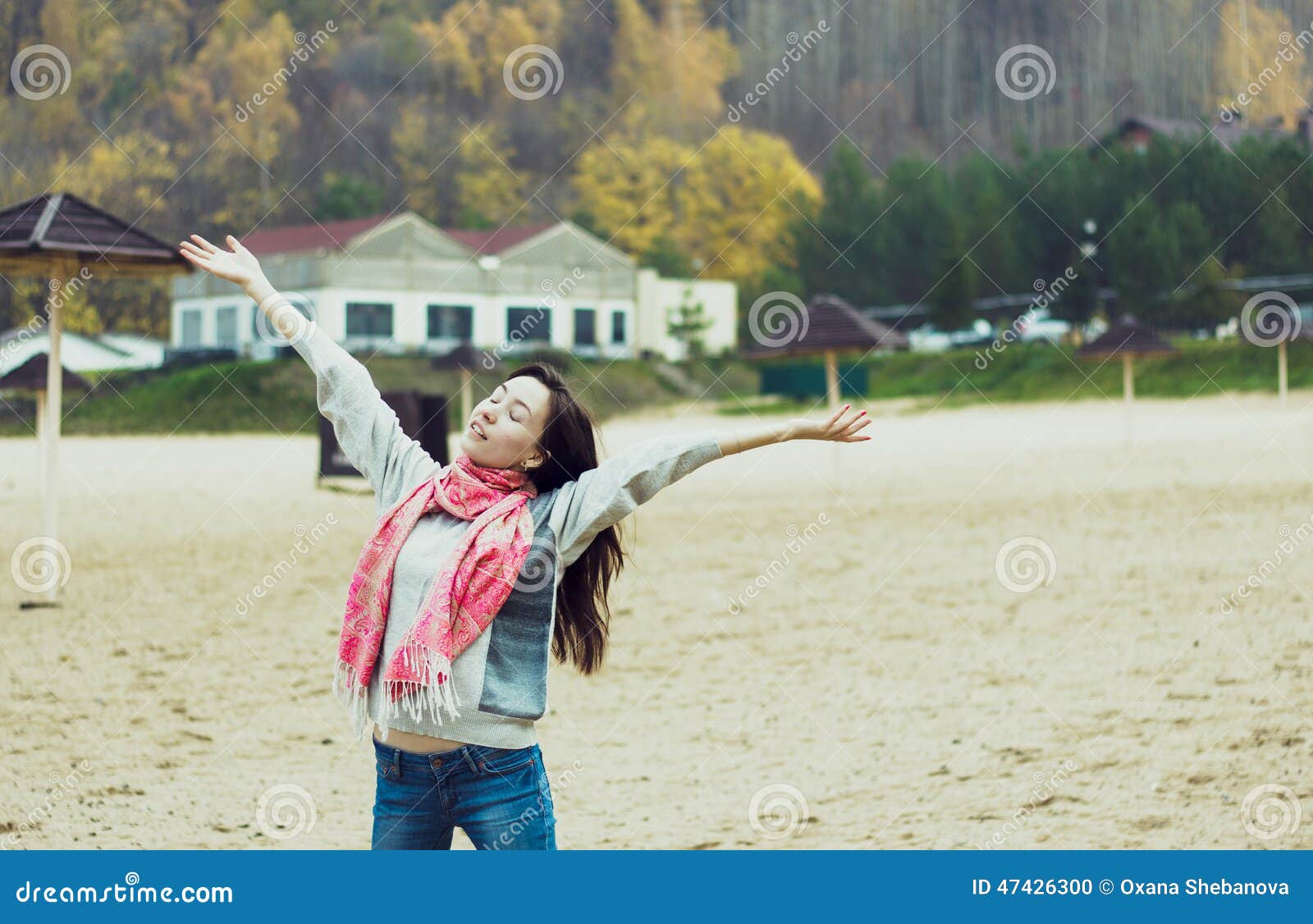 Happy Beautiful Young Woman on the Cold Beach Stock Photo - Image of ...
