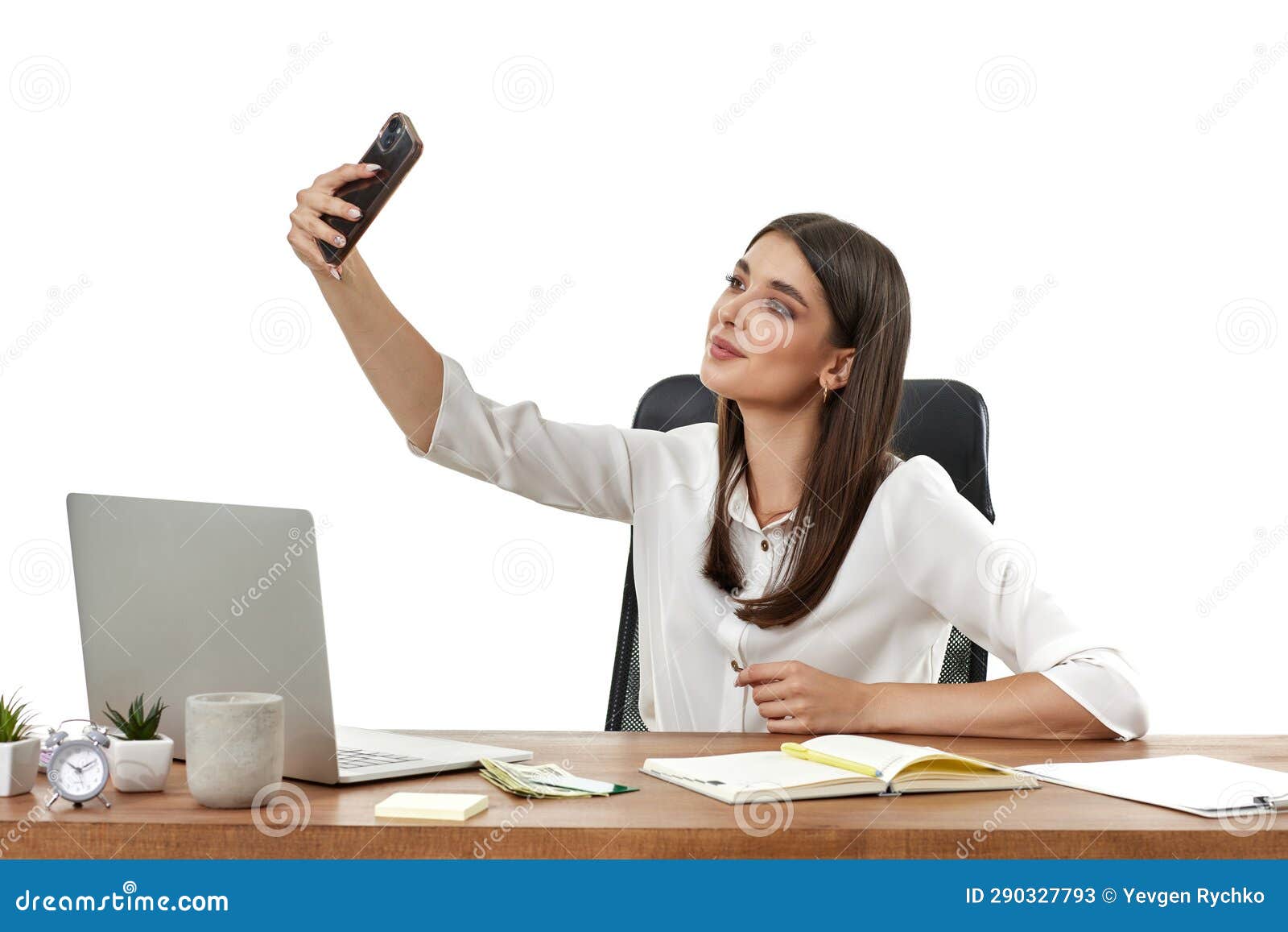 Happy Beautiful Woman Takes Selfie In Office Stock Image Image Of