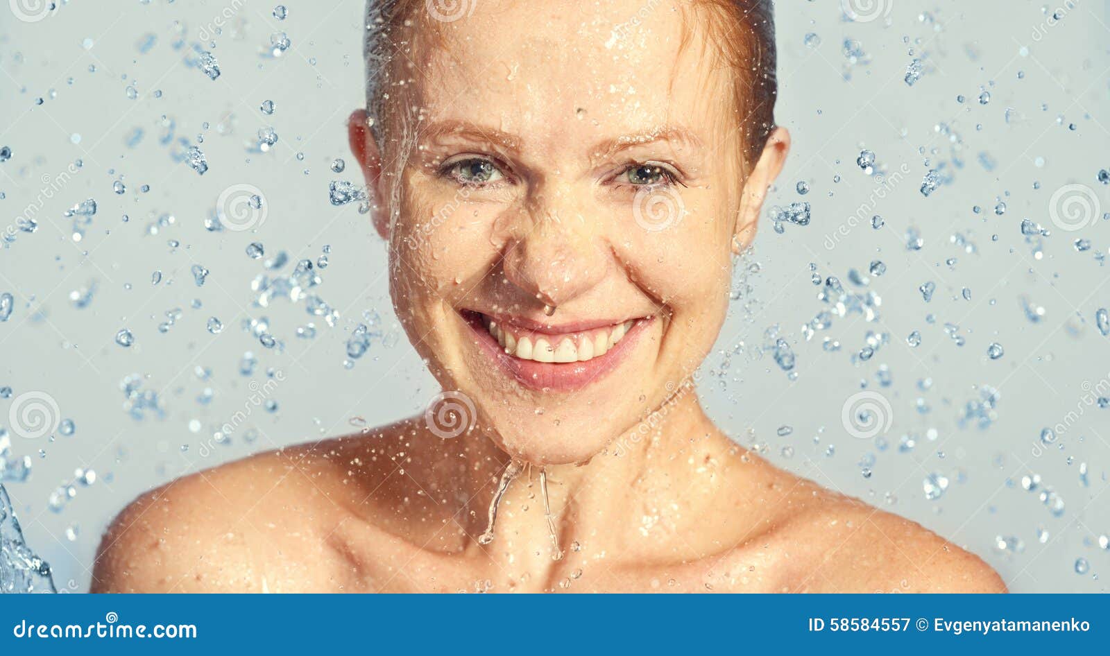 Happy Beauty Woman Skin Care Washing With Splashes Of Water Stock