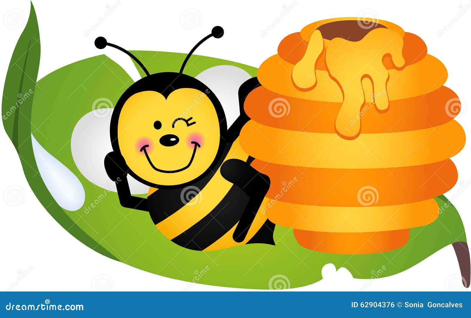 Happy Bee Sitting on Leaf with Hive Stock Vector - Illustration of ...