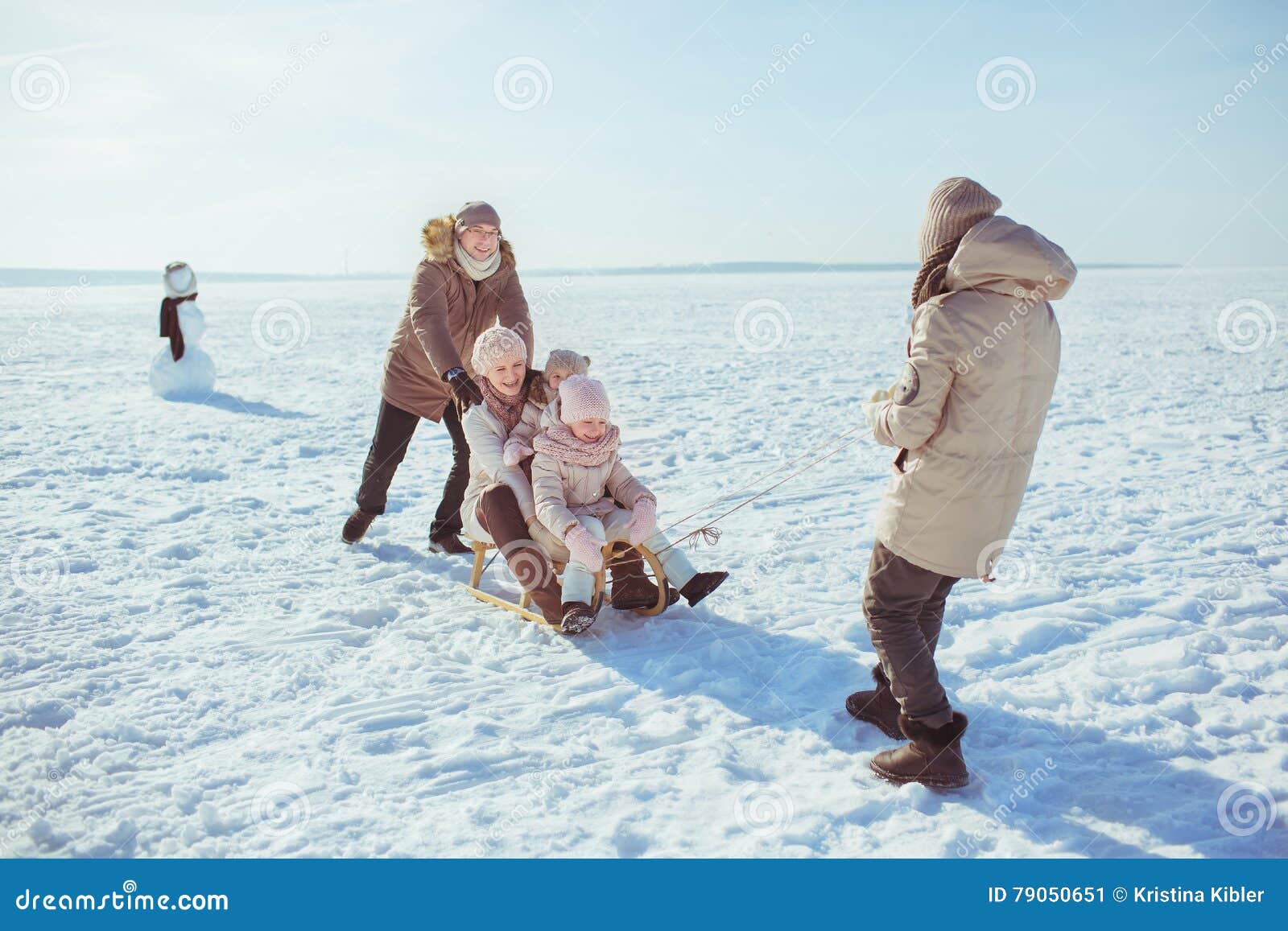 Happy Big Family Sledge in Winter Field Stock Image - Image of girl ...