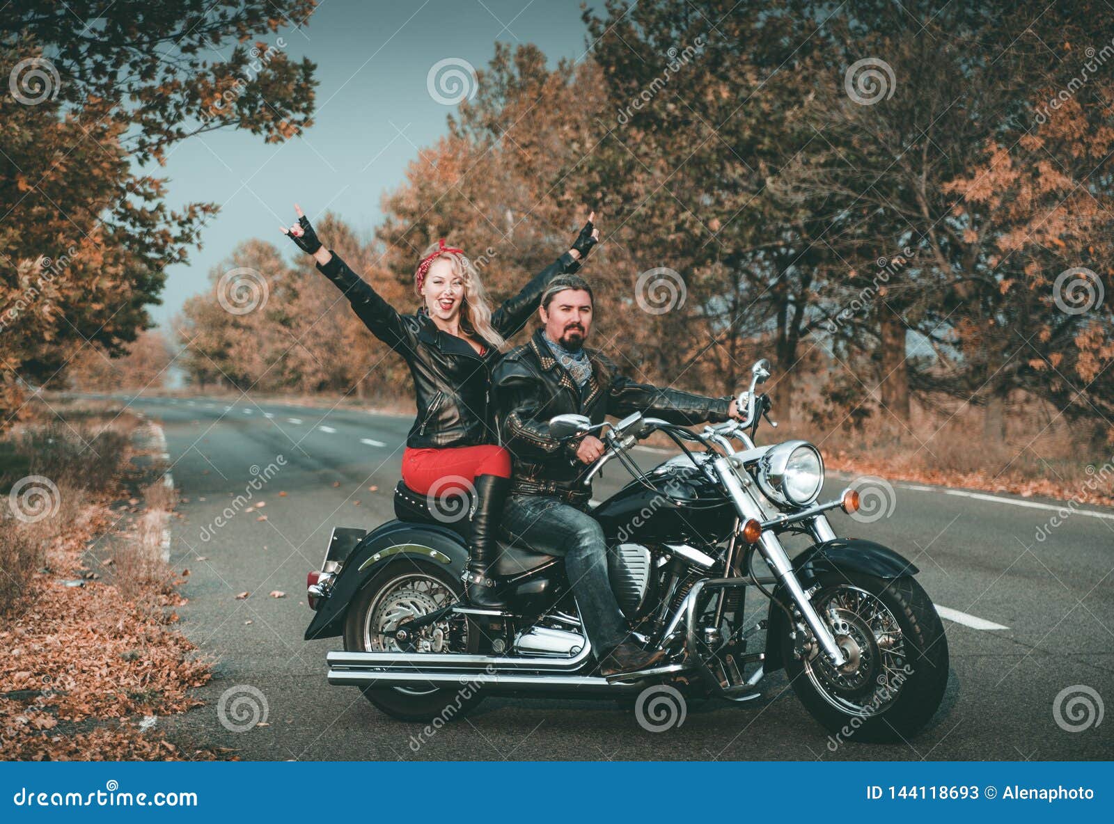 Happy Bikers Posing with Motorcycle. Stock Image - Image of road ...