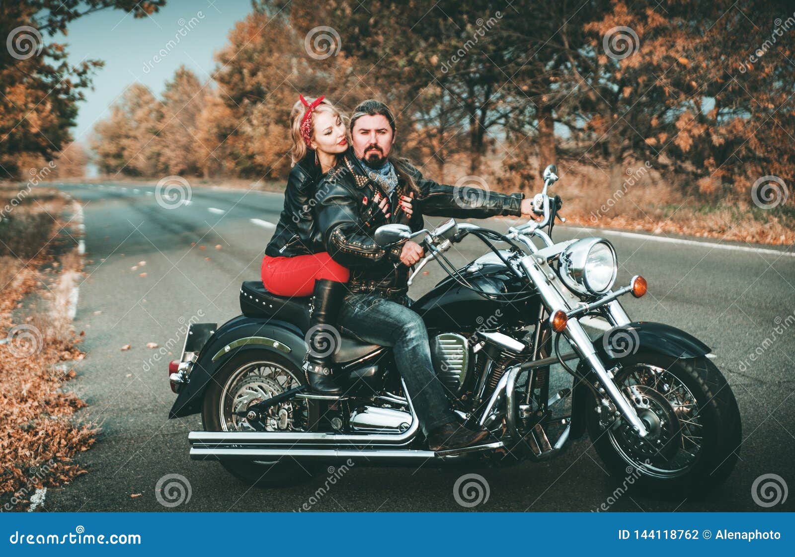 Happy Bikers Posing with Motorcycle. Stock Photo - Image of race ...