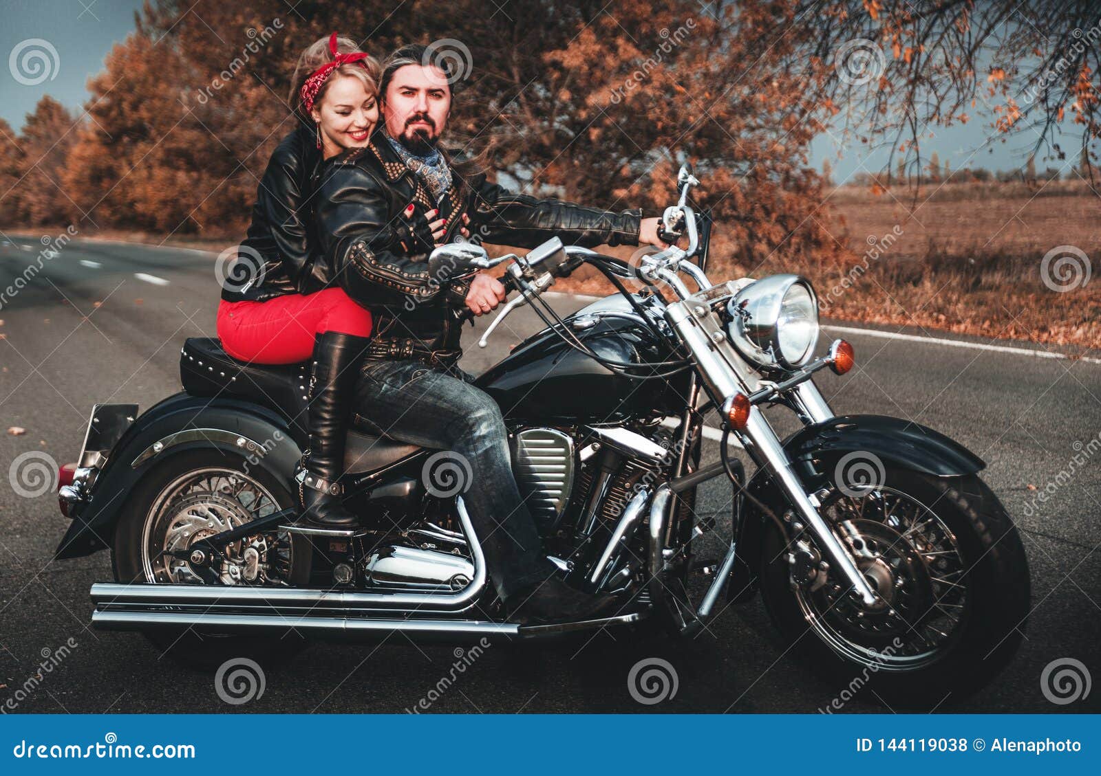 Happy Bikers Posing with Motorcycle. Stock Photo - Image of leather ...