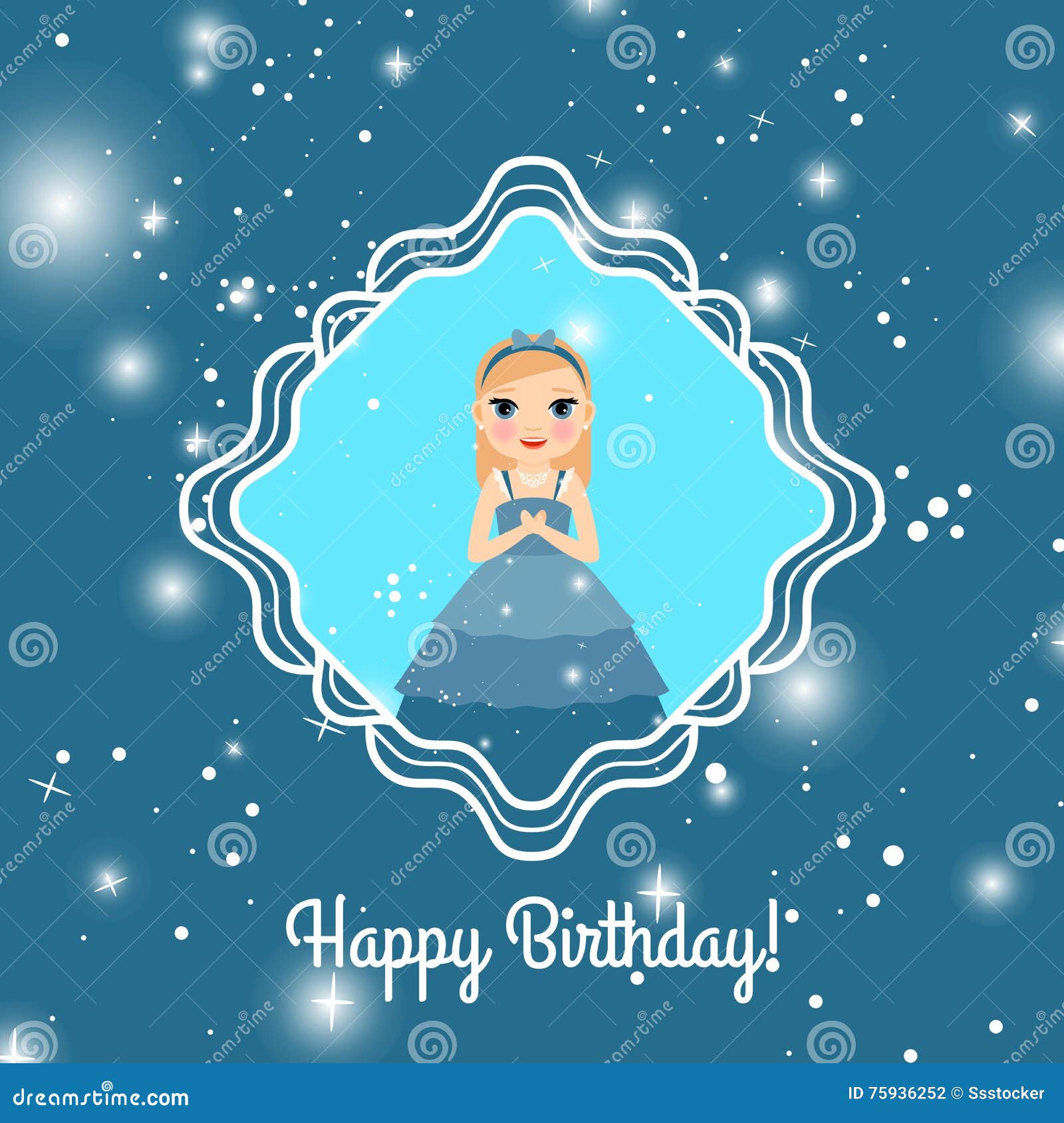 Happy Birthday Blue Card With Princess Stock Vector Illustration Of