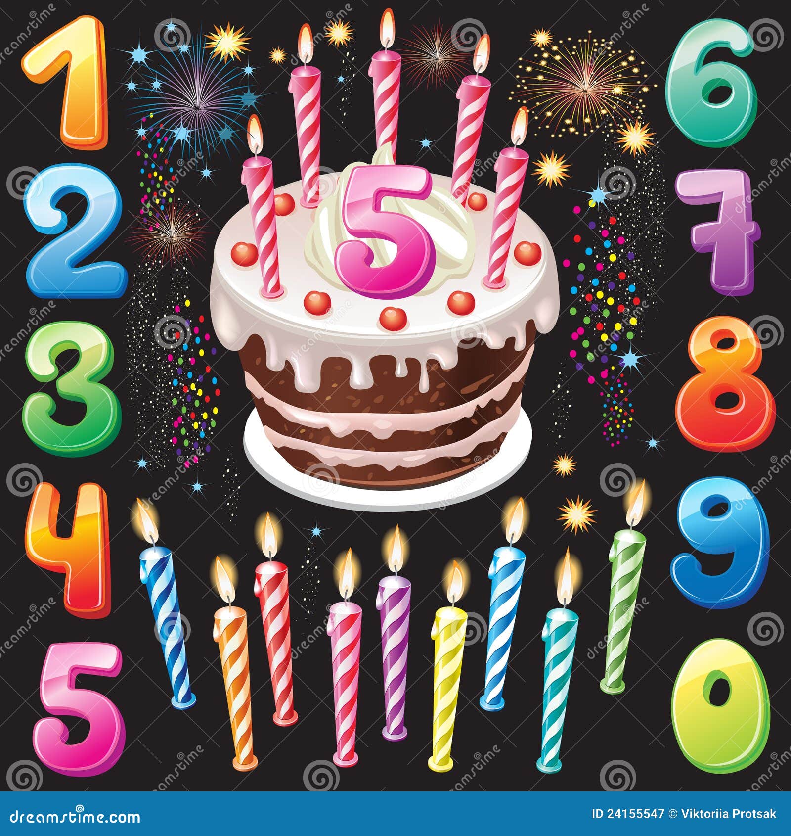 Happy Birthday Cake, Numbers And Firework Cartoon Vector ...