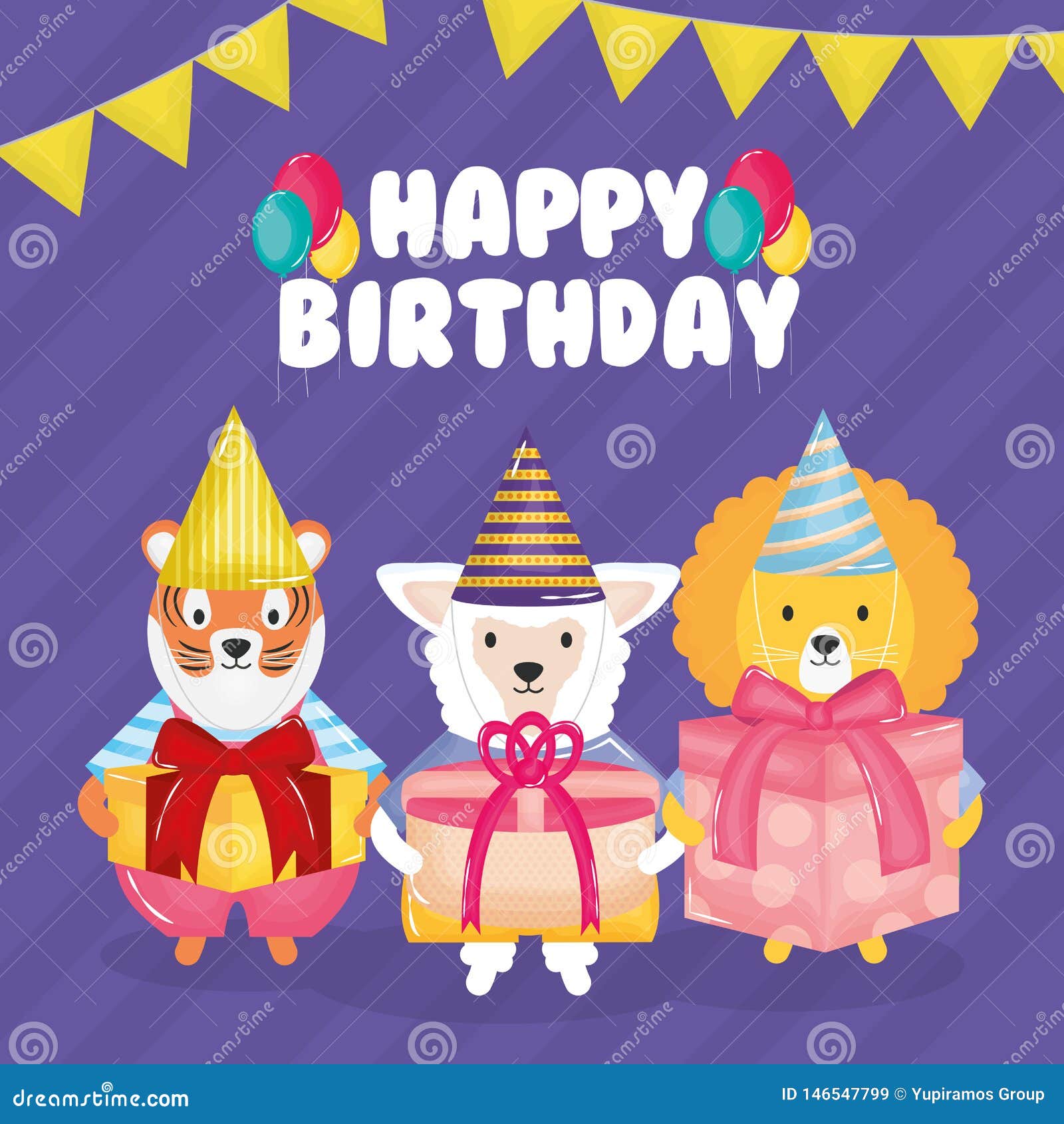 Happy Birthday Card with Animals Characters Stock Vector - Illustration ...