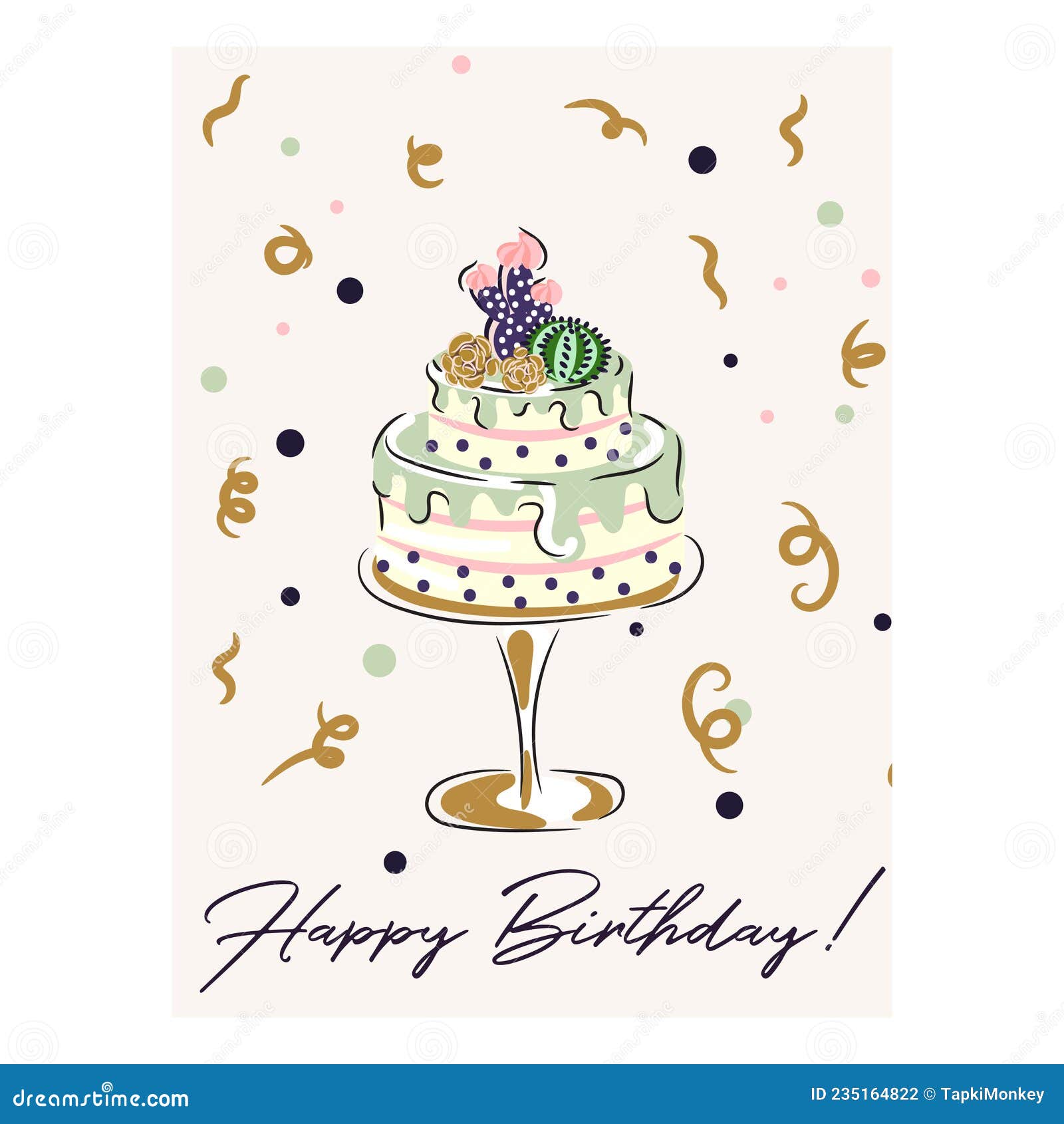 Happy Birthday Card with Cake. Birthday Greetings Confetti Vector Card ...