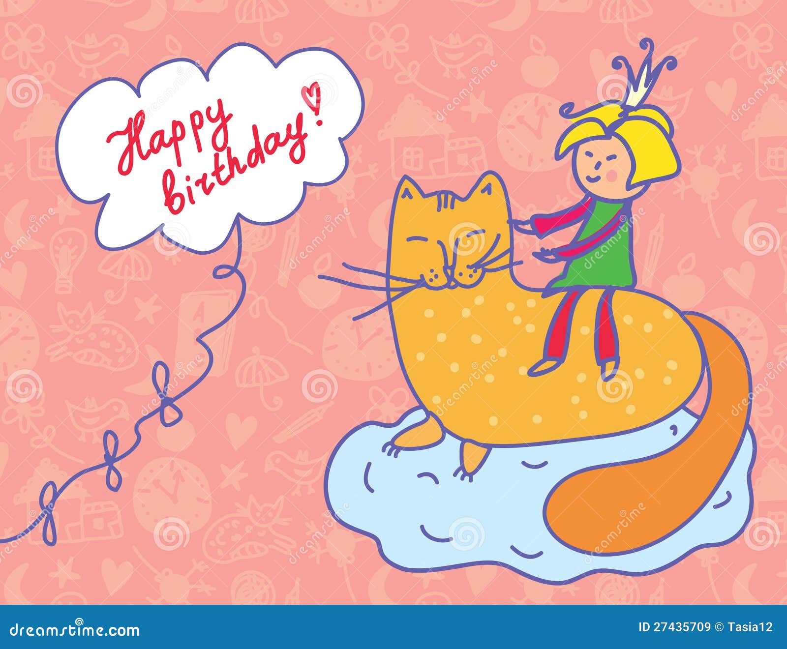 Happy Birthday Card with Child and Cat Stock Vector - Illustration of ...