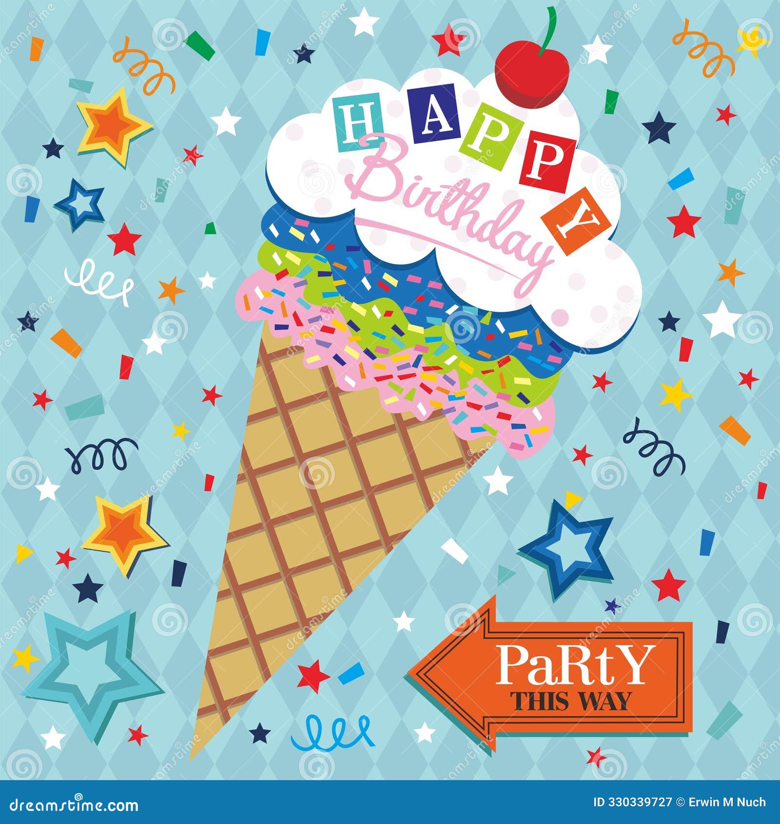 Happy Birthday Card Design With Cake, Cherry And Confetti Cartoon ...