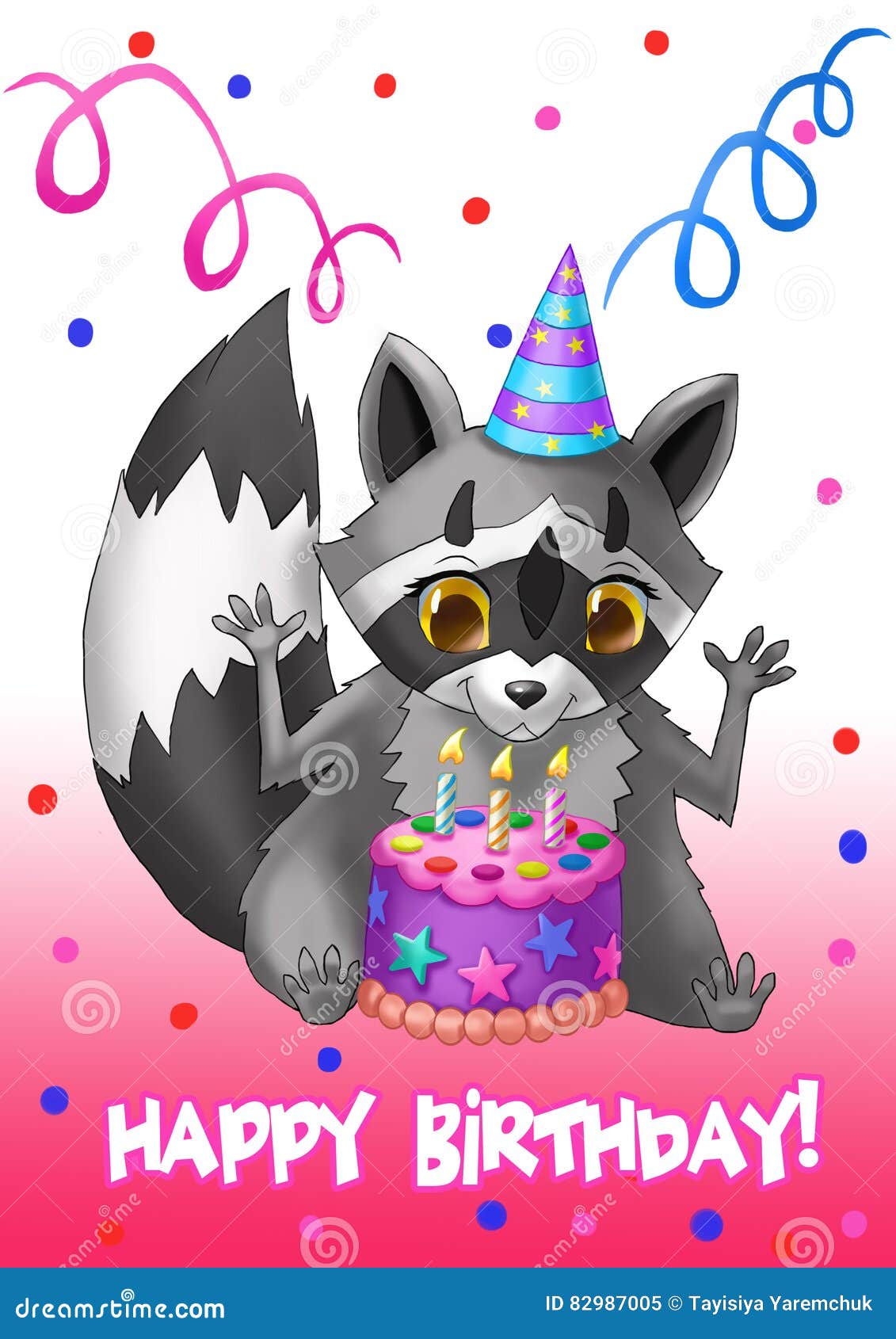Happy Birthday Card. Raccoon with a Cake Stock Illustration ...