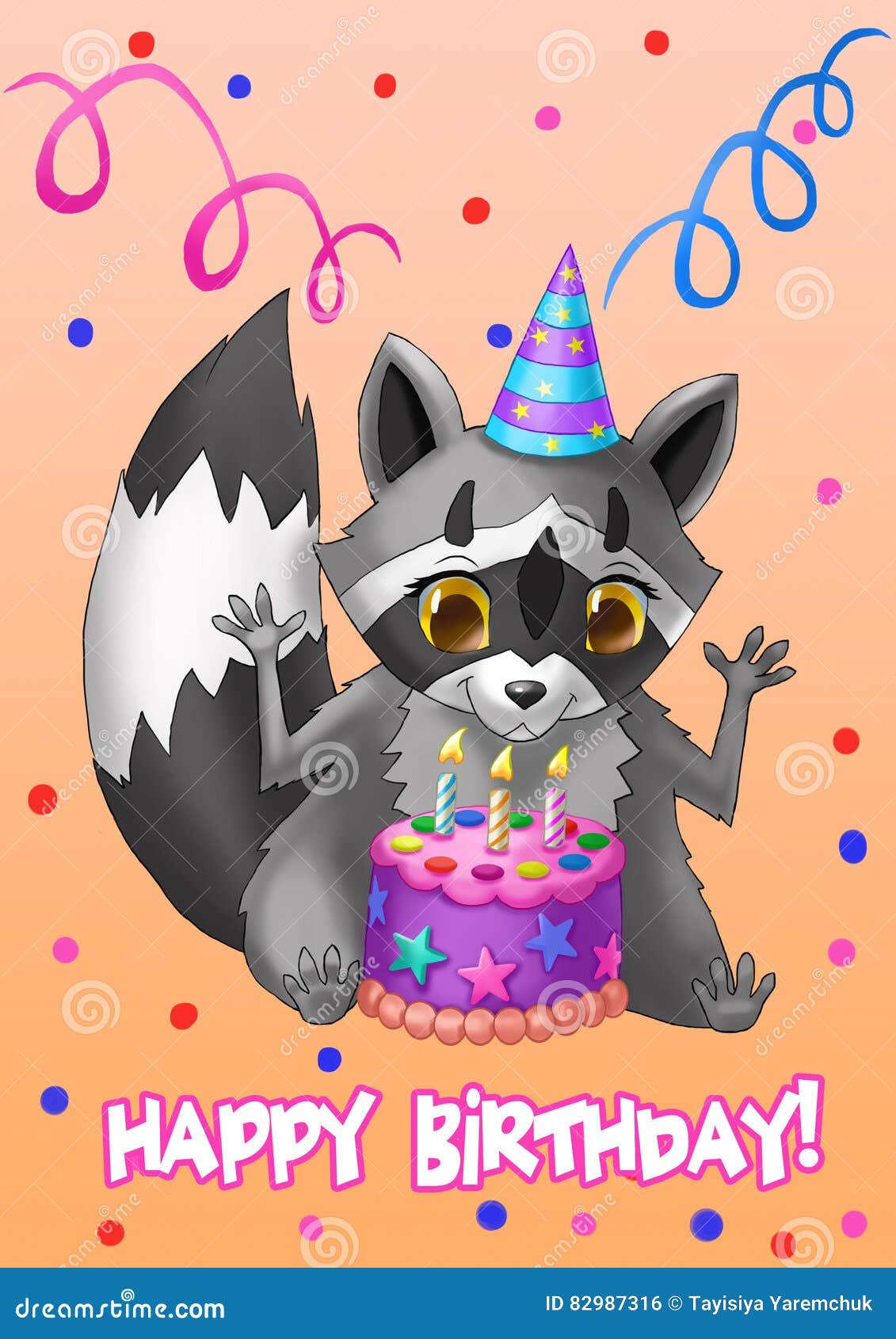 Happy Birthday Card. Raccoon with a Cake Stock Illustration ...