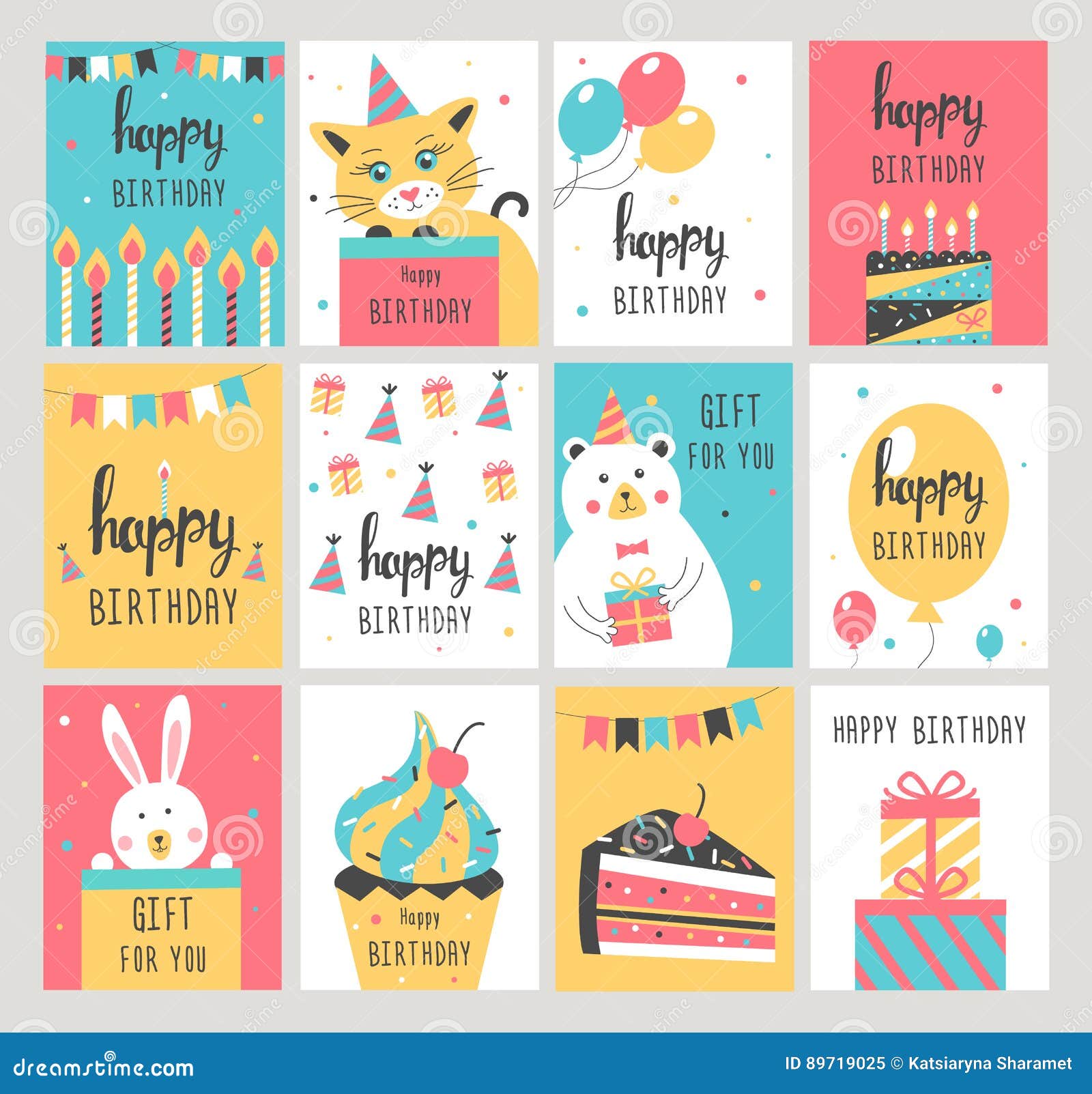 Happy Birthday card set. stock vector. Illustration of balloon - 89719025