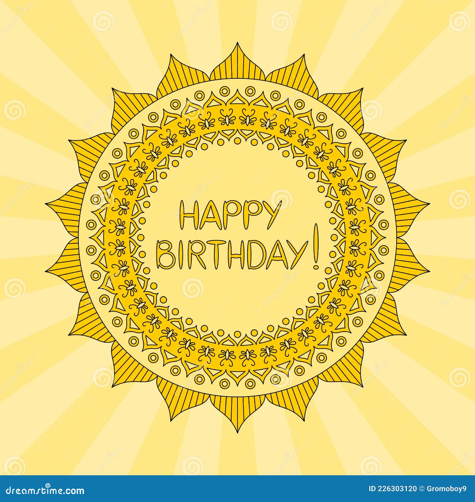 Happy Birthday Card in Yellow Colors with Mandala Pattern. Vector Image ...