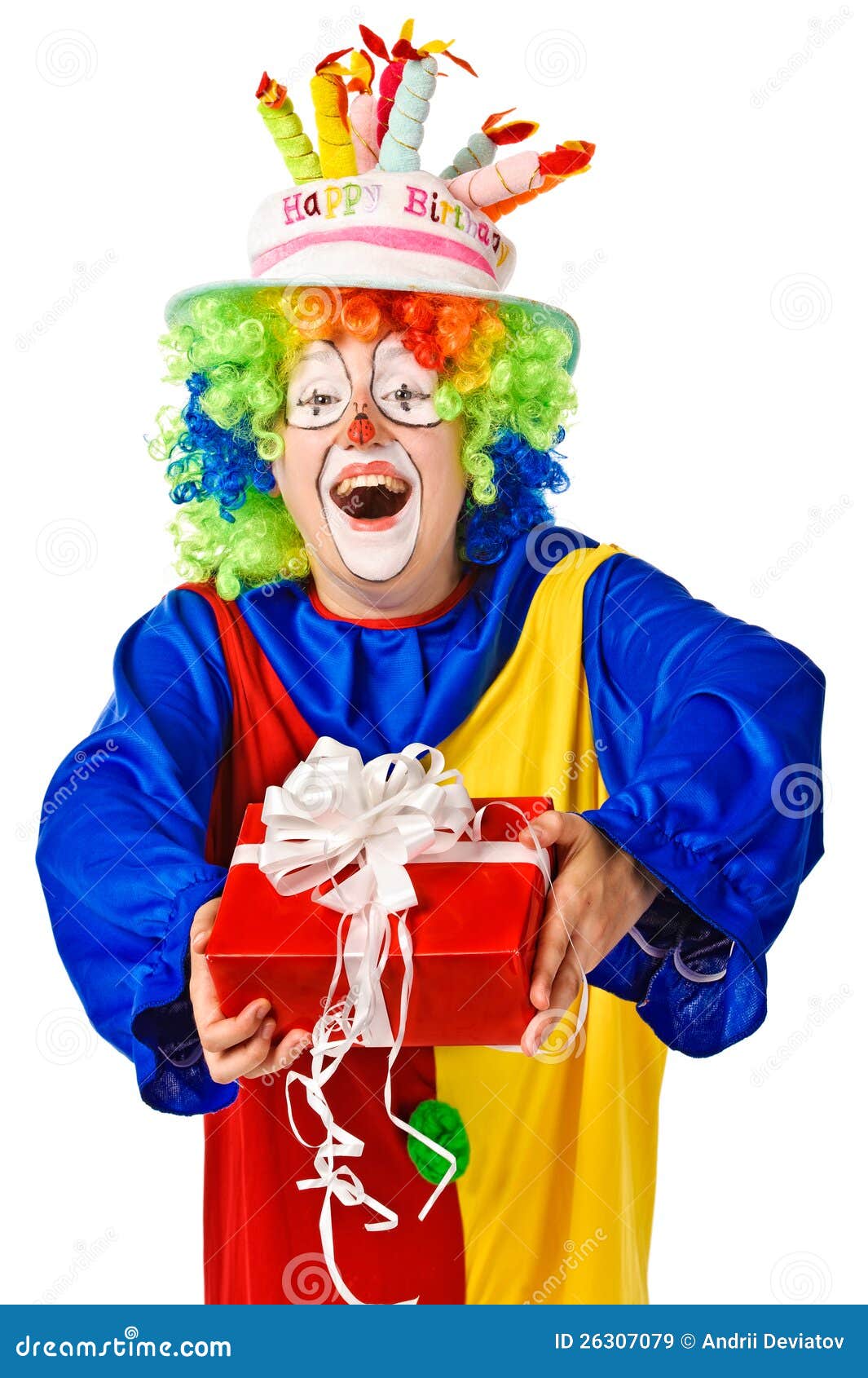 Happy Birthday Clown with Gift Box. Stock Image - Image of entertainer ...