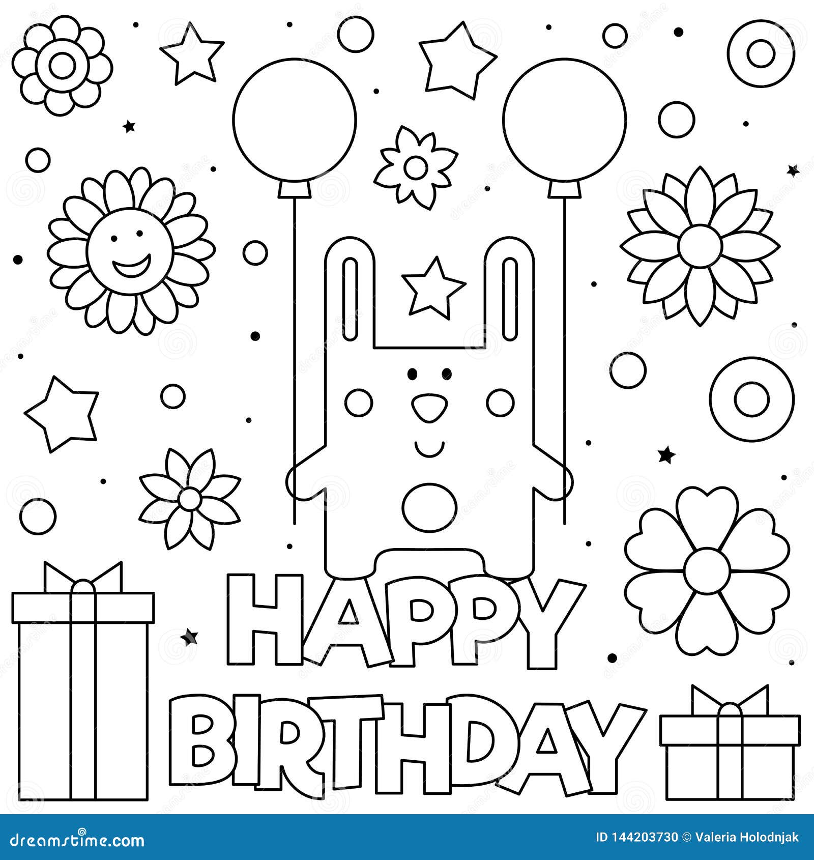 Happy Birthday. Coloring Page. Vector Illustration of Rabbit. Stock ...