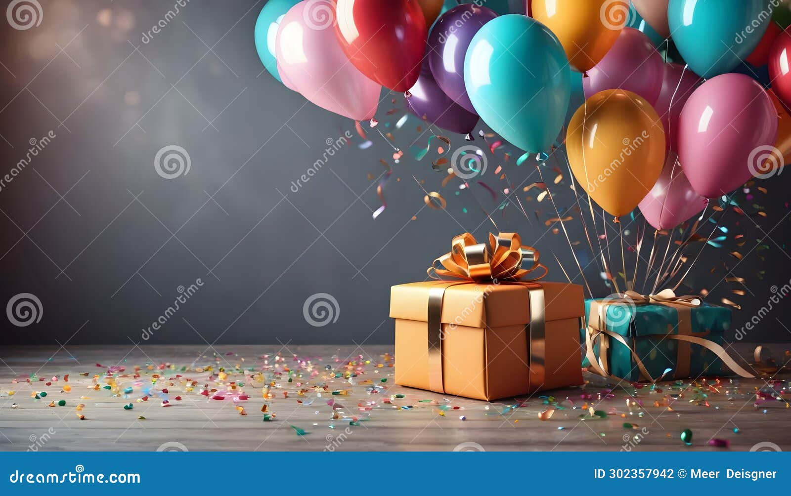 Happy Birthday Gift Boxes with Balloons and Confetti. 3D Rendering of ...