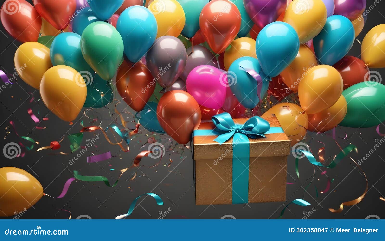 Happy Birthday Gift Boxes with Balloons and Confetti. 3D Rendering of ...