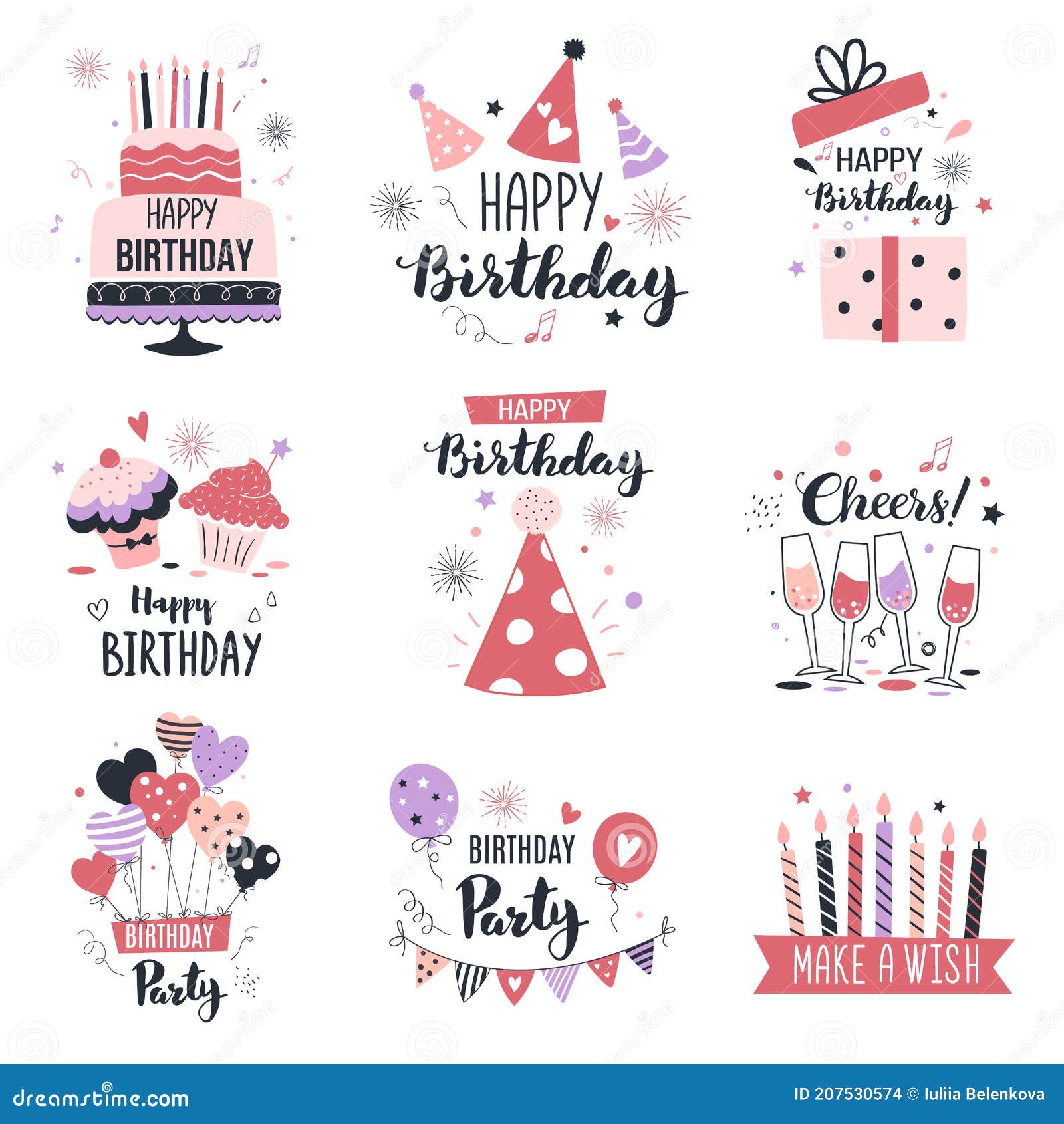 Happy Birthday Greeting Card And Party Invitation Set Stock Vector