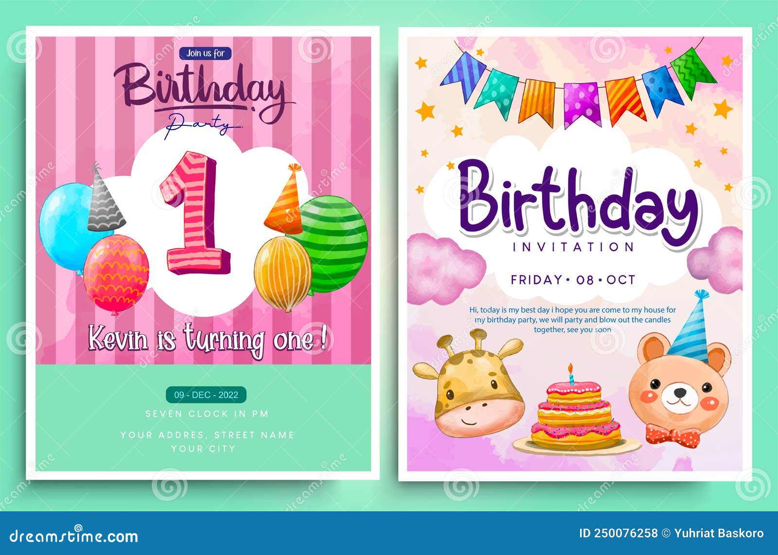 Happy Birthday Greeting Cards And Poster Watercolor Design Sets With