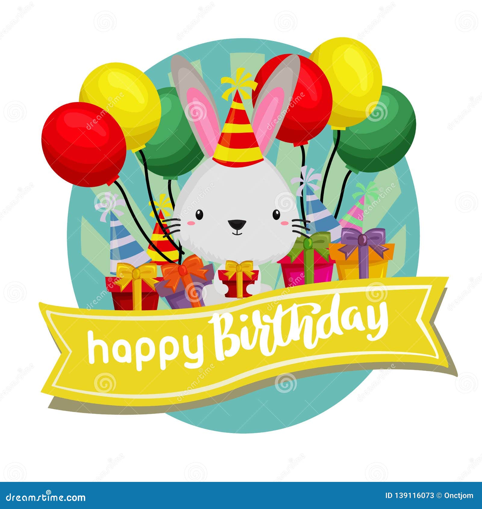Happy Birthday Label with Rabbit Balloon Stock Vector - Illustration of ...