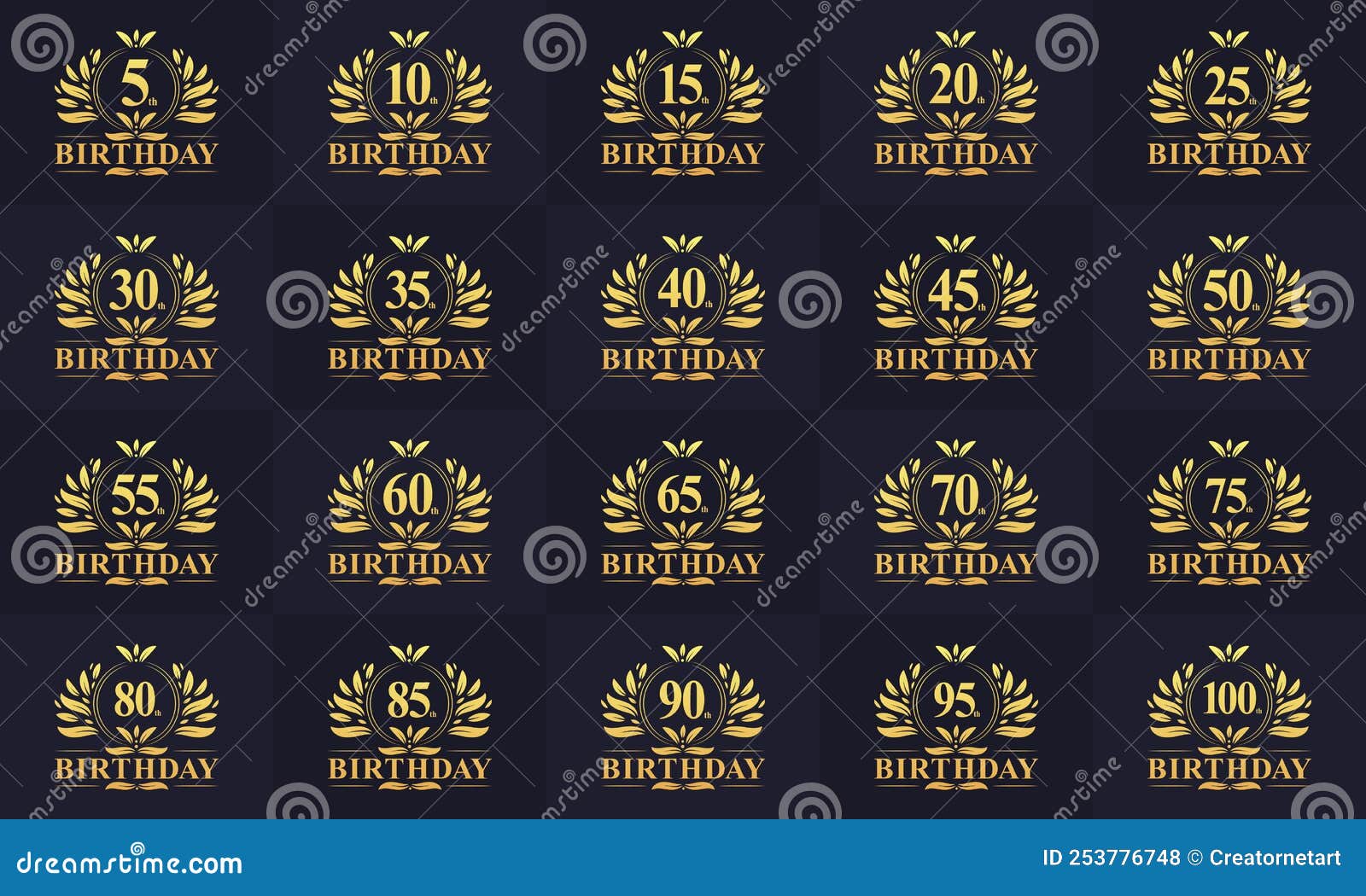 Happy Birthday Logo Bundle. Retro Vintage Birthday Logo Set. 5th, 10th ...