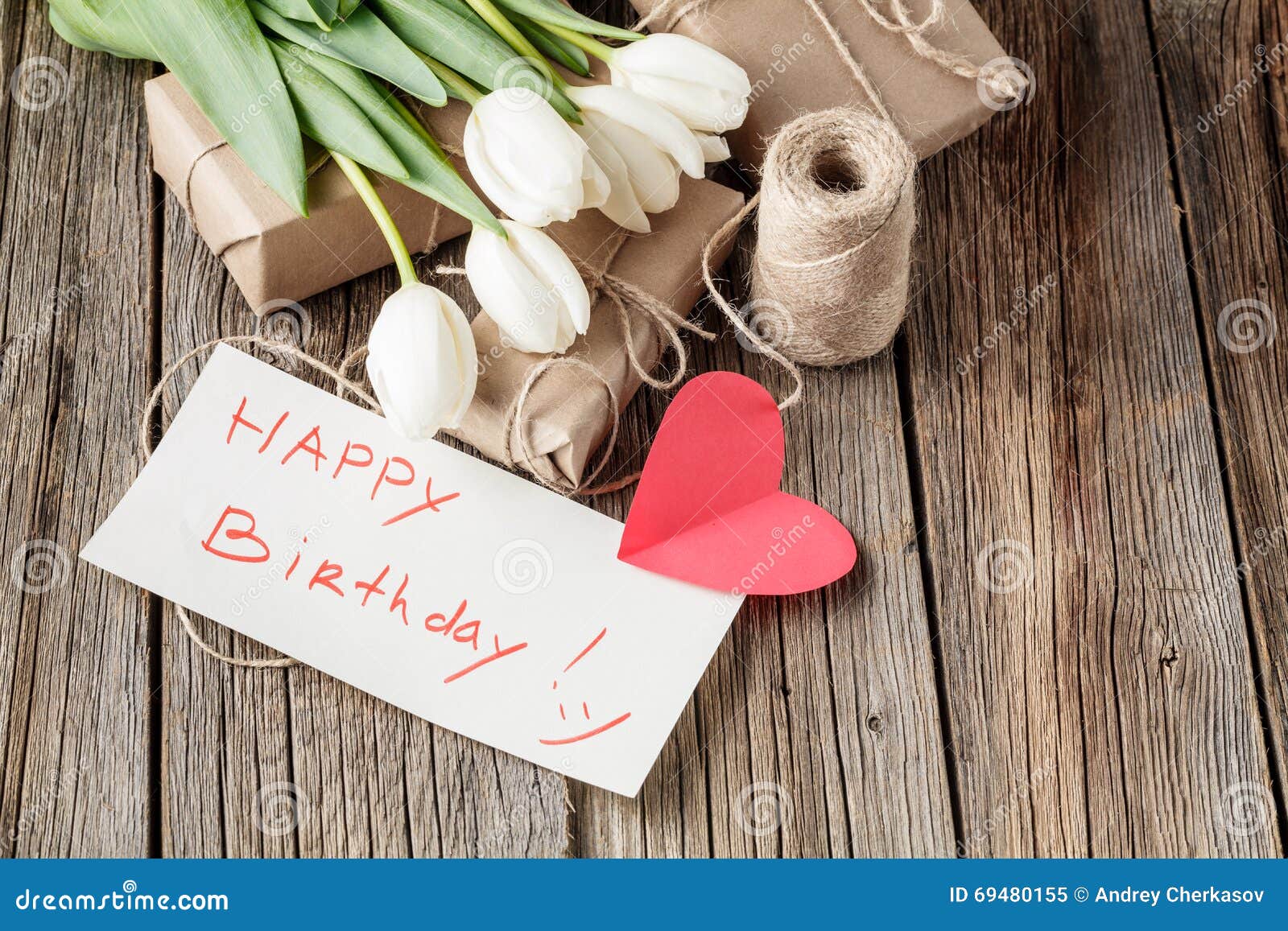 Happy Birthday Mesage with Flowers on Rustic Table with Flowers Stock ...