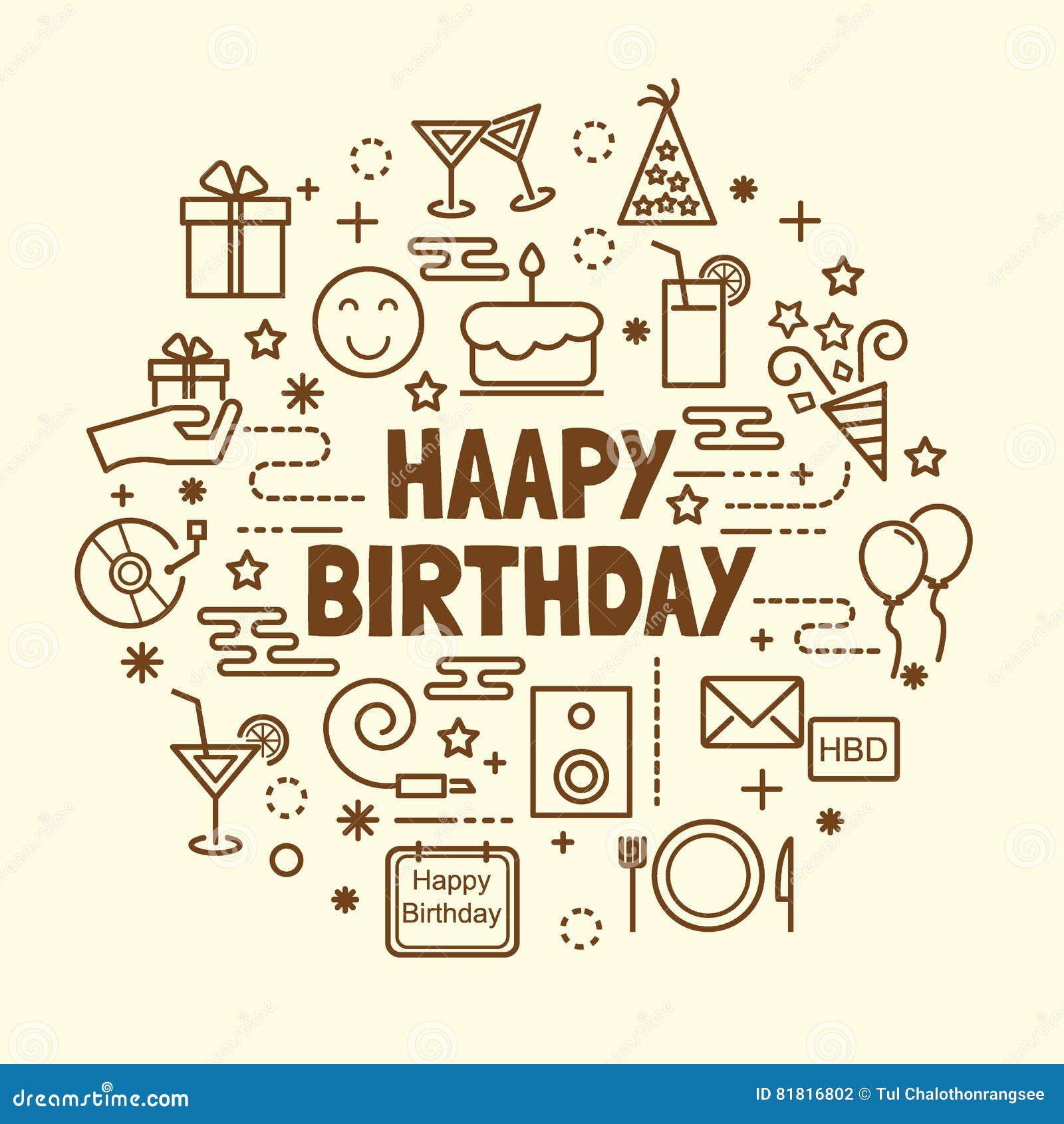 Happy Birthday Minimal Thin Line Icons Set Stock Vector - Illustration ...