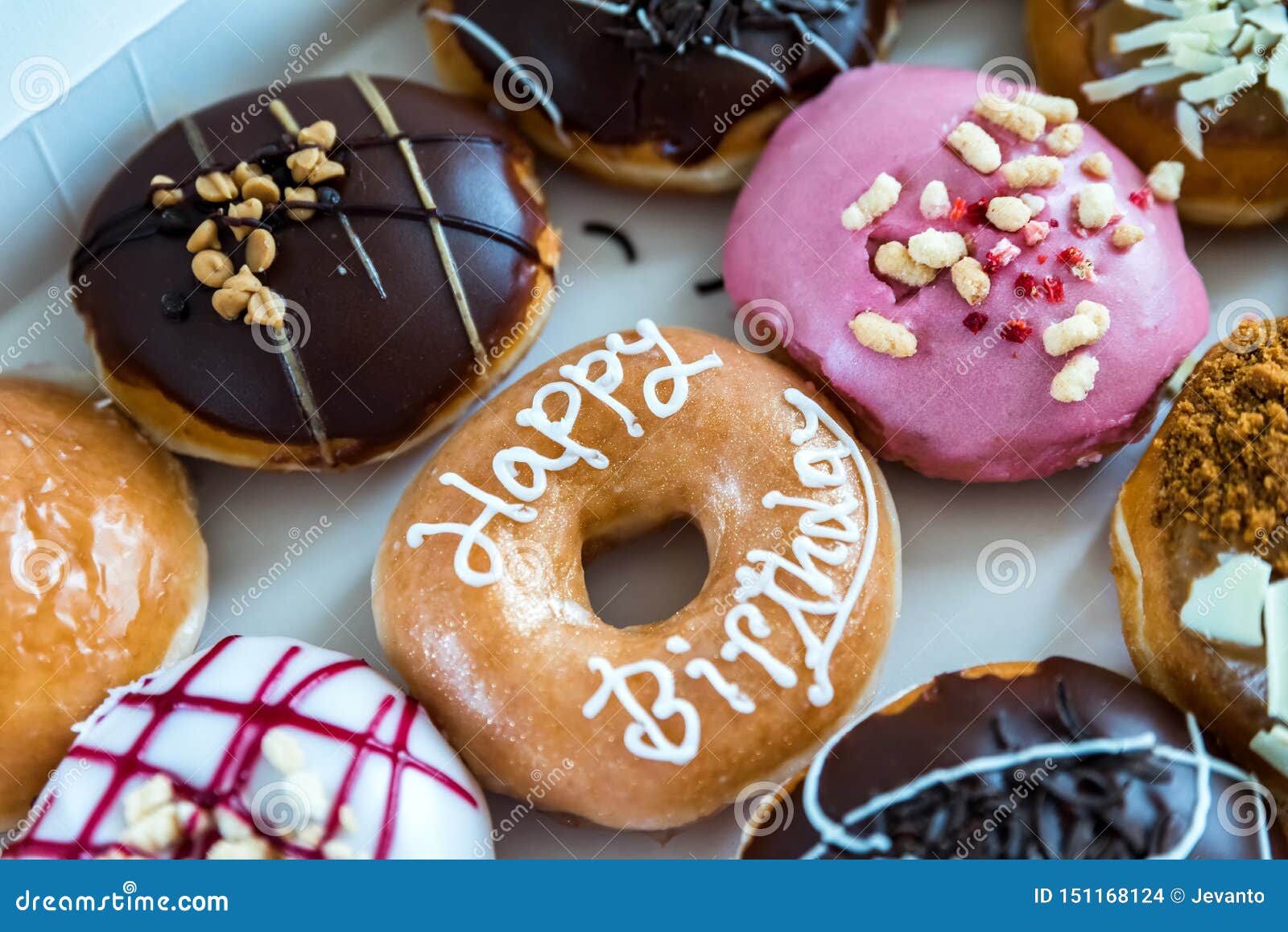 Happy Birthday Multicoloured Donuts Inside White Box Stock Photo ...