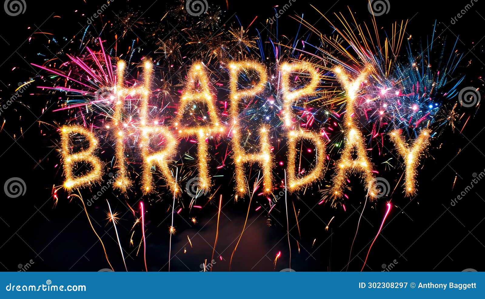 Happy Birthday Text Message with Sparklers Exploding Fireworks Stock ...