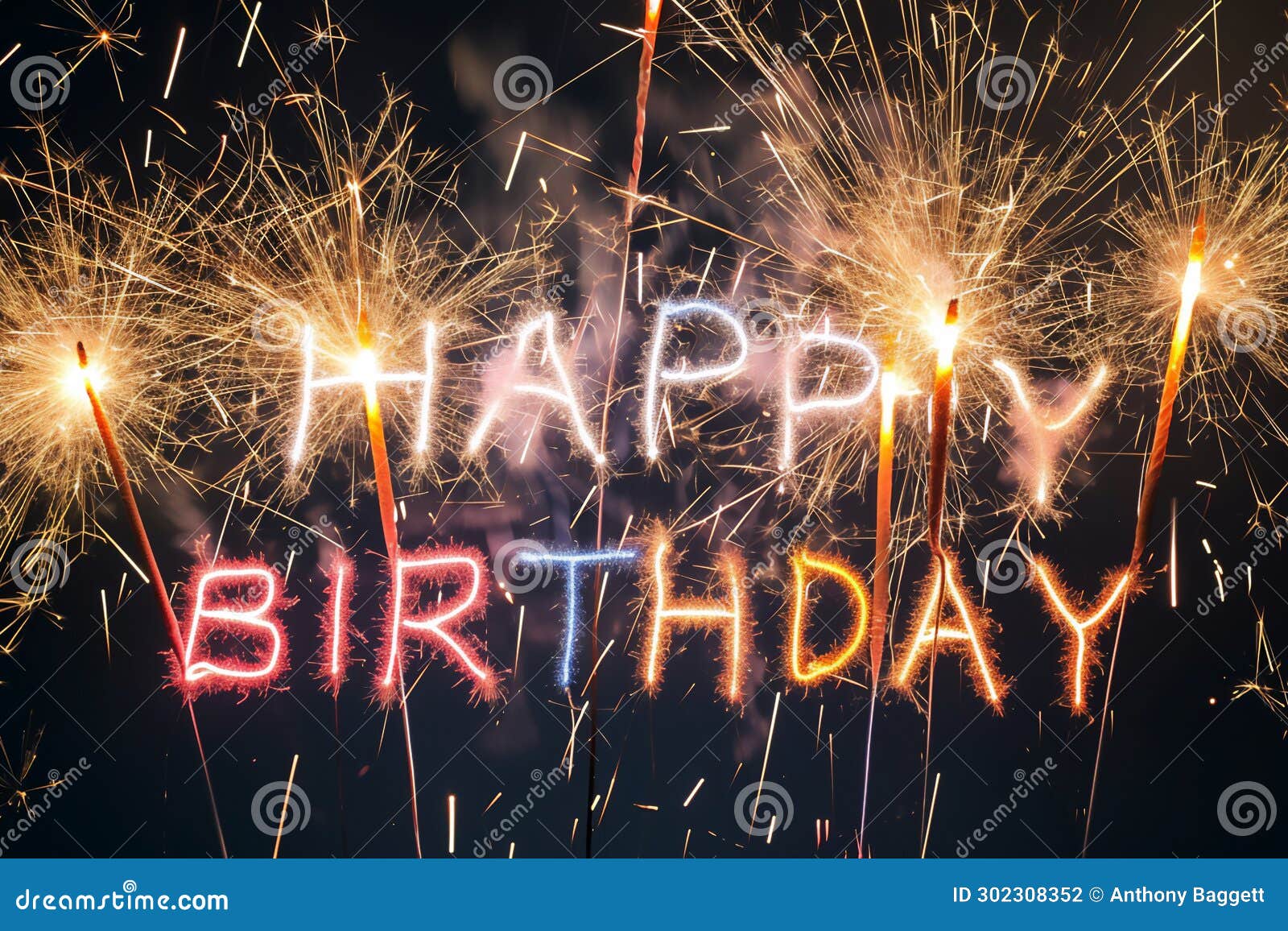Happy Birthday Text Message with Sparklers Exploding Fireworks Stock ...