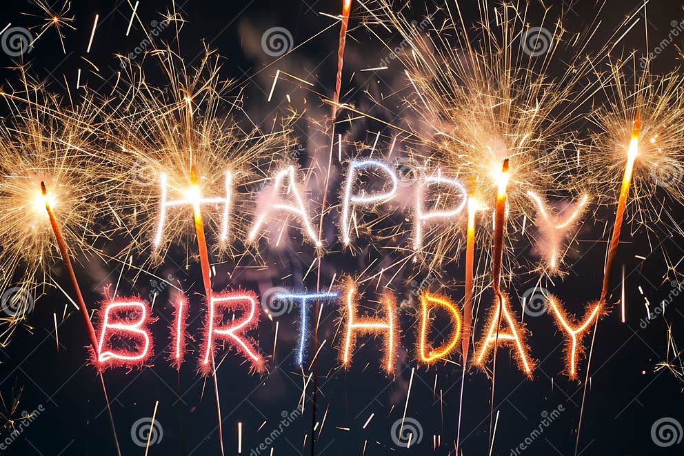 Happy Birthday Text Message with Sparklers Exploding Fireworks Stock ...