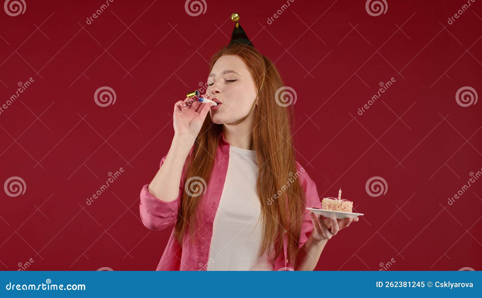 Happy Birthday Woman Making Wish Blowing Candle On Cake Girl Laughs