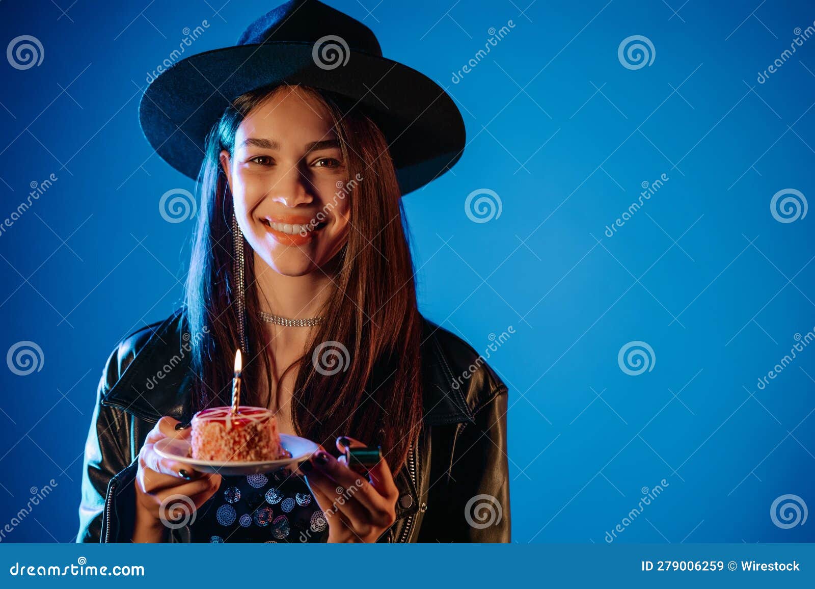 Happy Birthday Woman Making Wish Blowing Candle On Cake Stock Image