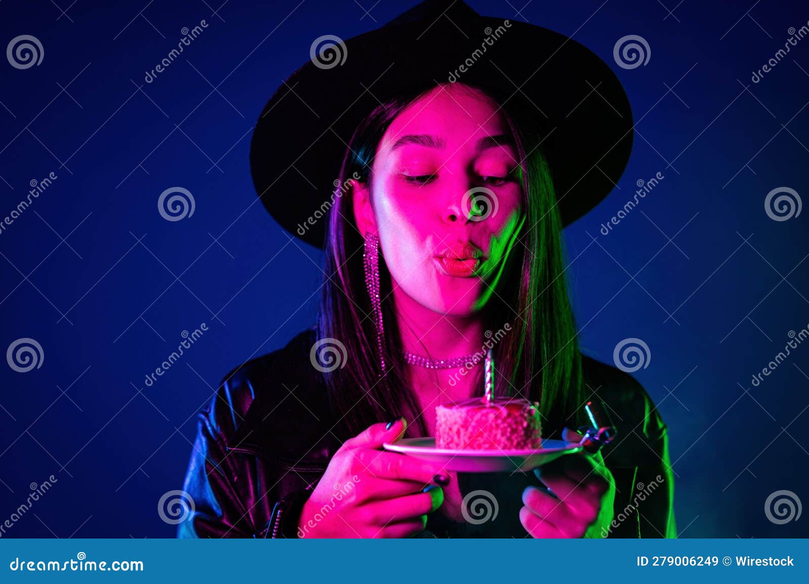 Happy Birthday Woman Making Wish Blowing Candle On Cake Happy Girl