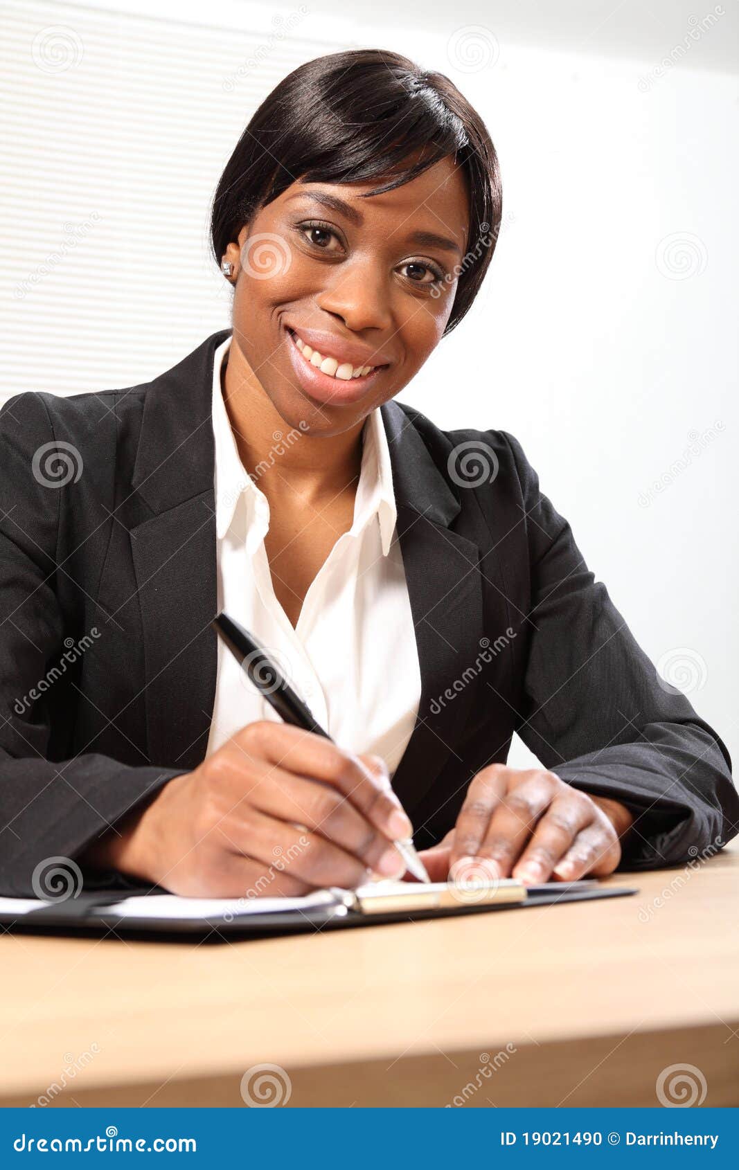 Happy Black Business Woman Signing Document Stock Photo - Image of ...