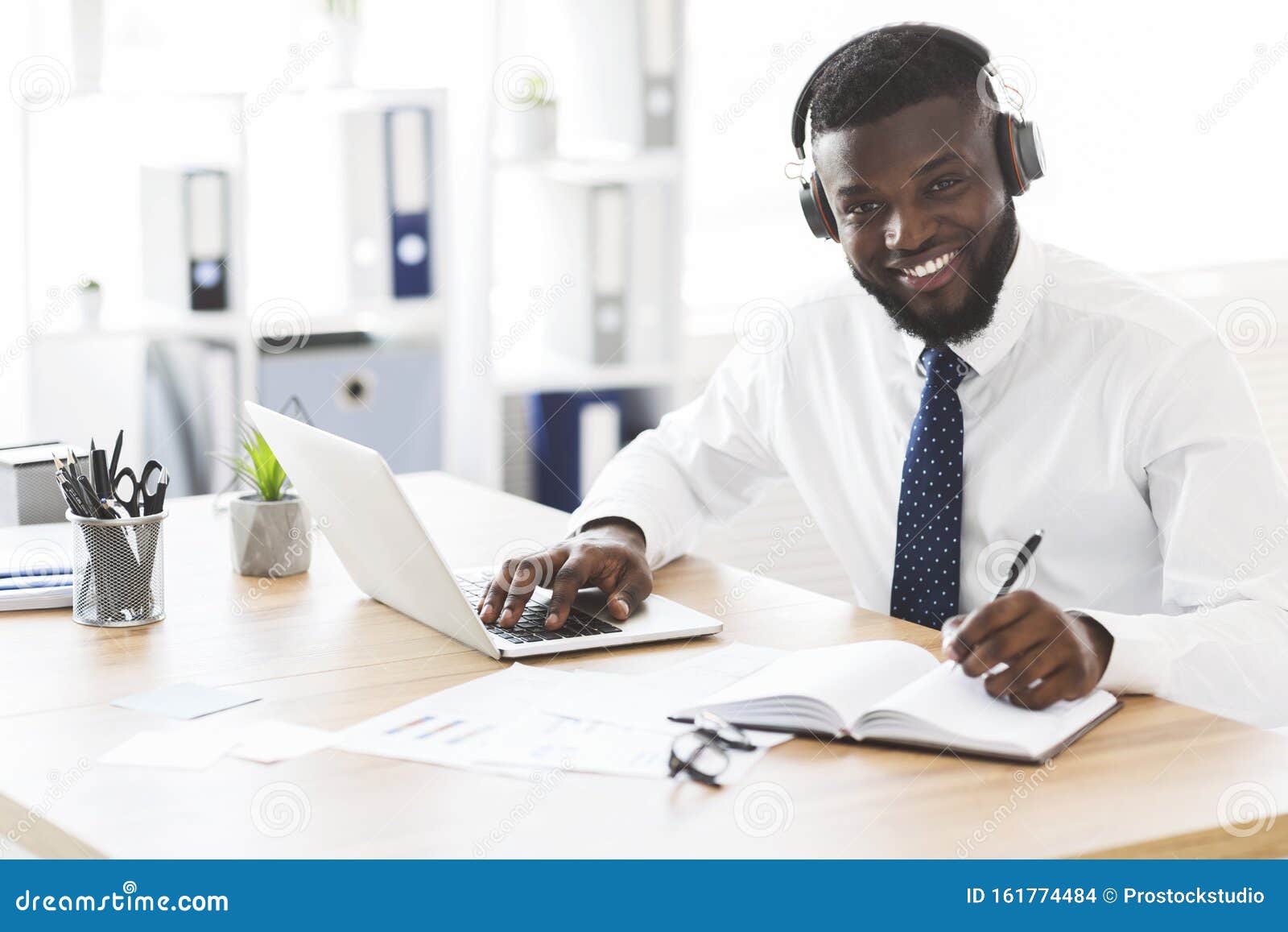 Happy Black Businessman Learning Foreign Language Online Stock Photo ...