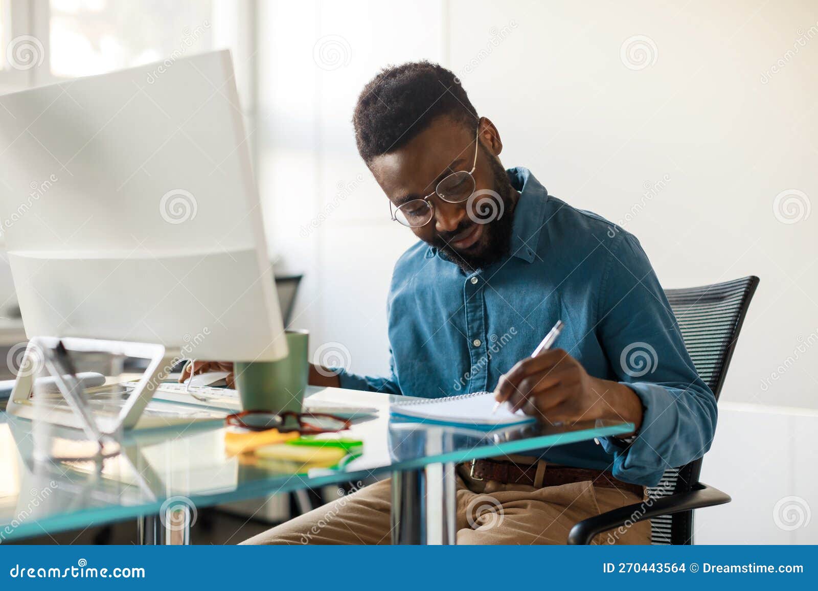 Happy Black Executive Ceo Manager Using Laptop and Writing Notes in ...