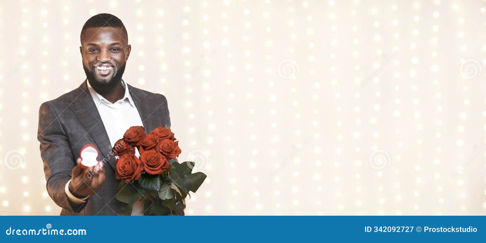 Happy Black Guy Holding Red Roses and Wedding Ring Stock Image - Image ...
