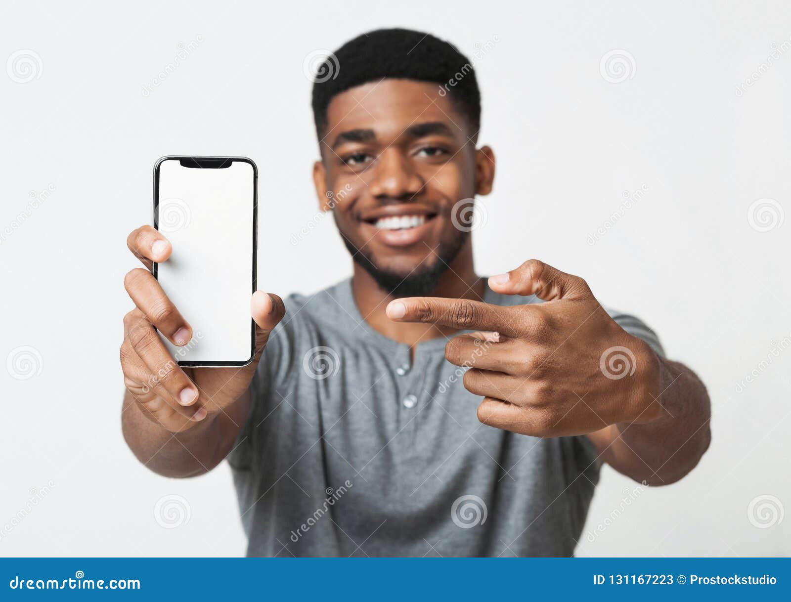 Happy Black Man Holding Latest Slim Smartphone Stock Image Image Of